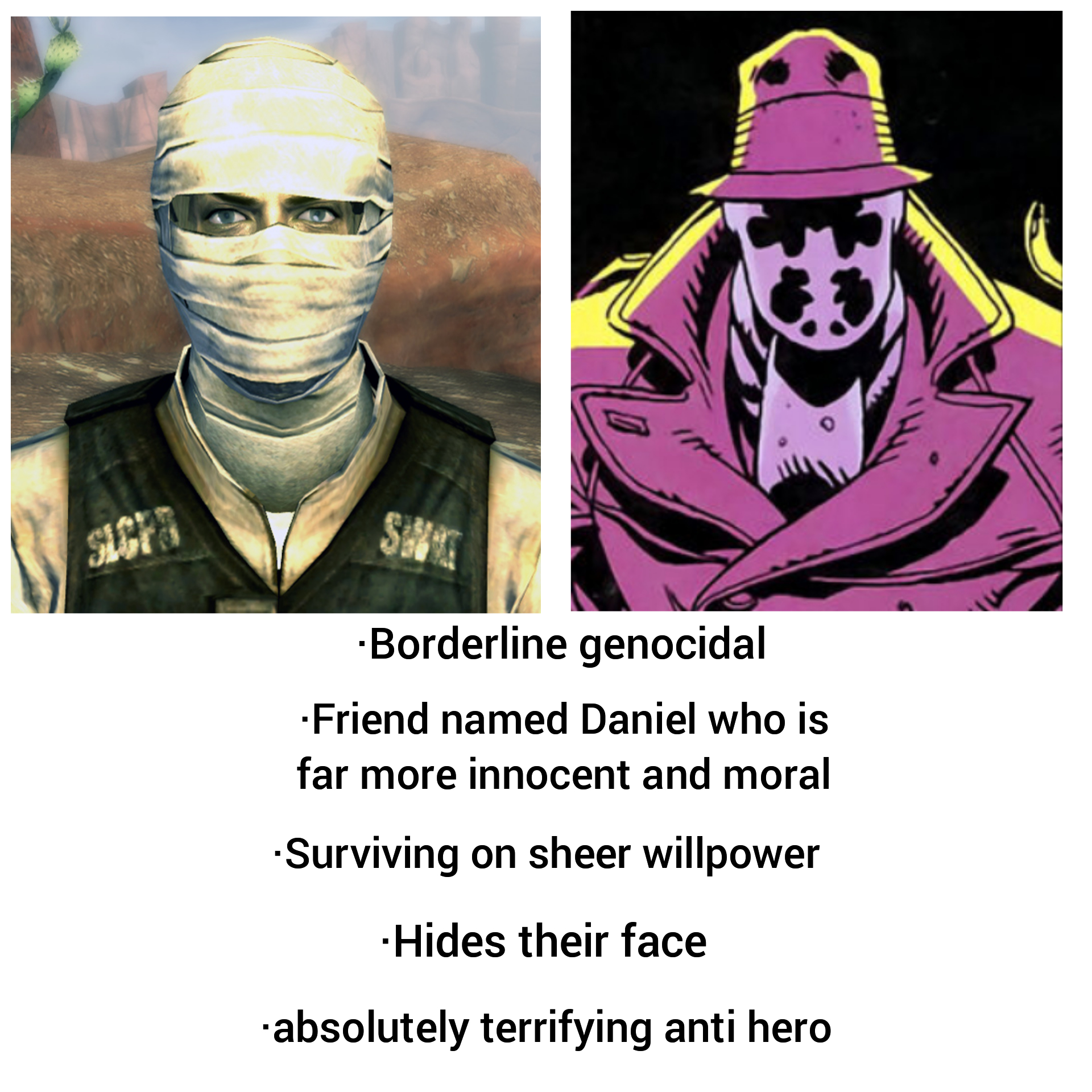 Joshua Graham and Rorschach | Scrolller