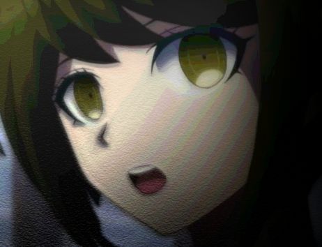 Komaru encountering her first Monokuma unit, gasping in shock in wishful thinking that a saviour ...