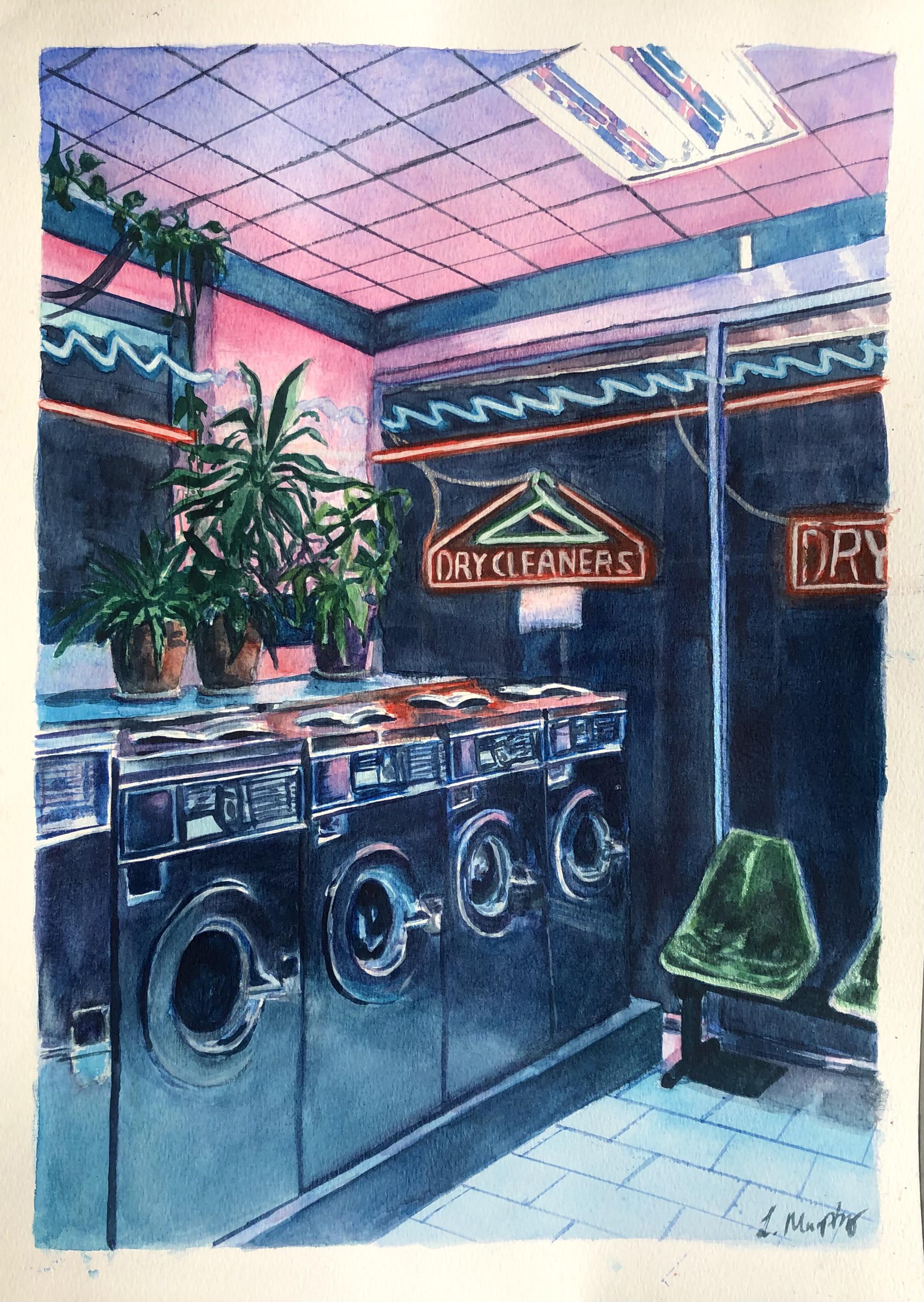 Laundromat in Neon, Me, Watercolour, 2021 | Scrolller
