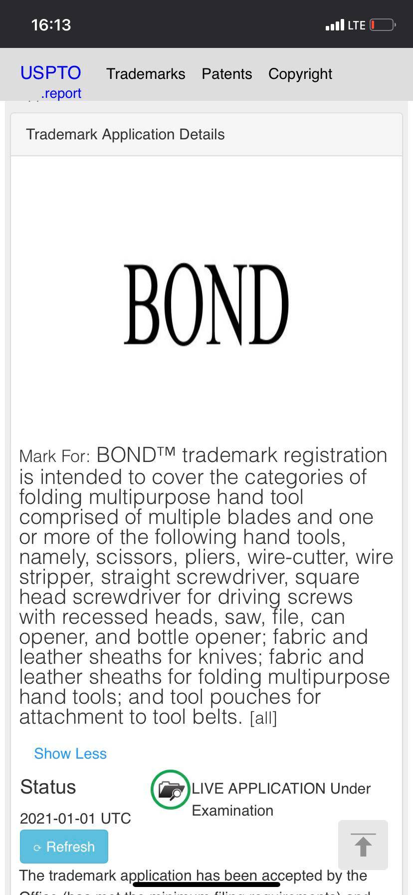 Leatherman BOND™ trademark registration | Scrolller