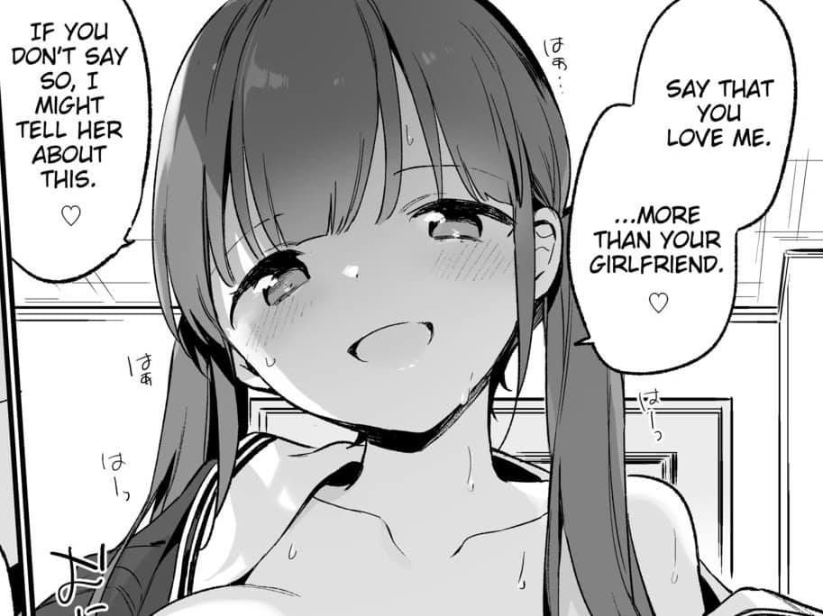 LF mono source: manga, 1girl, twintail, sweating, blush, smiling, "Say that you love me. ...More ...
