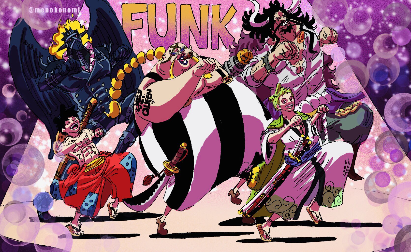 Luffy, Zoro, King, Queen and Kaido doing the funky dance. | Scrolller