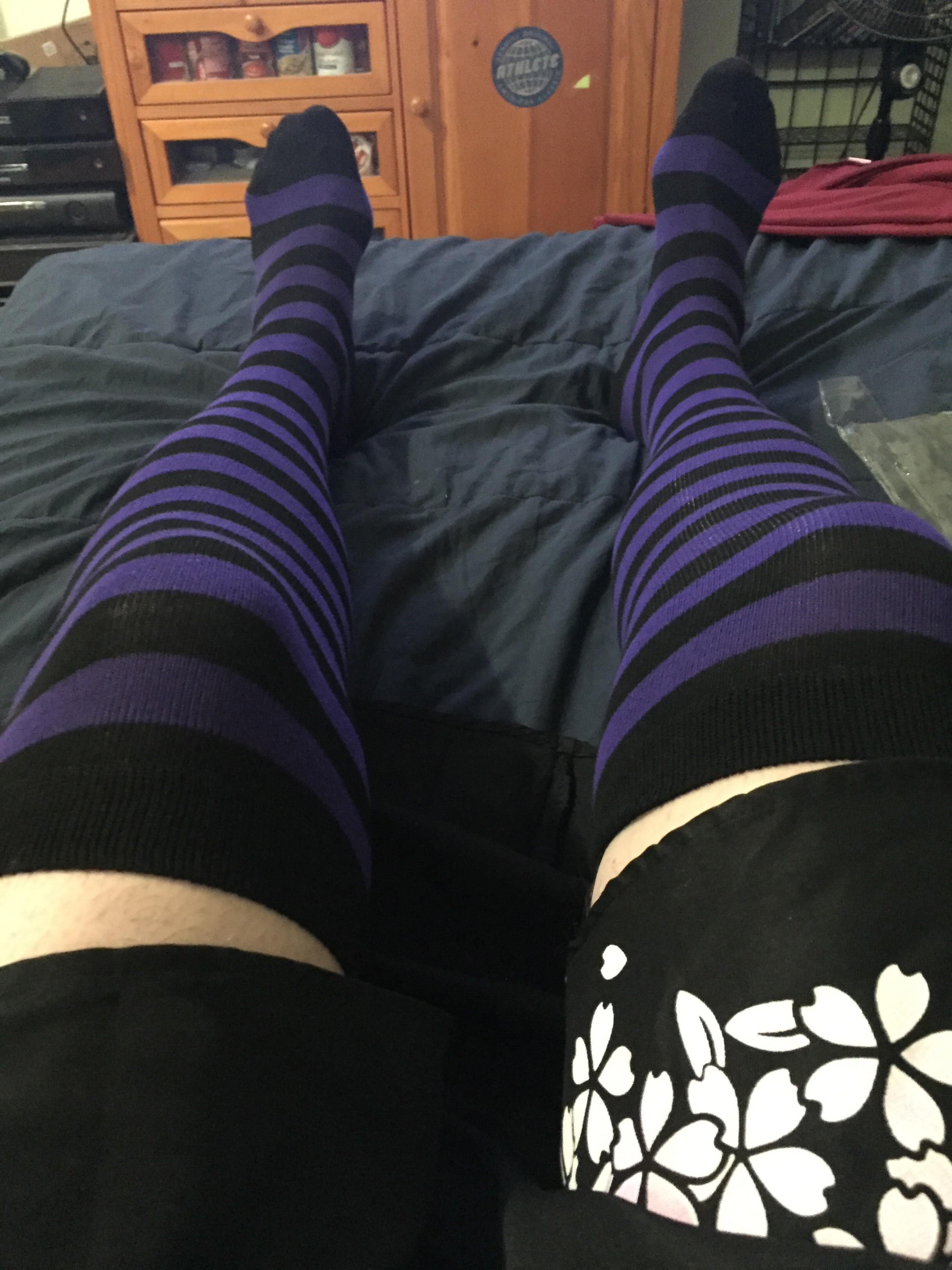 Me wearing thigh high black/purple striped socks. My legs are very long 🤷🏻‍♀️ | Scrolller