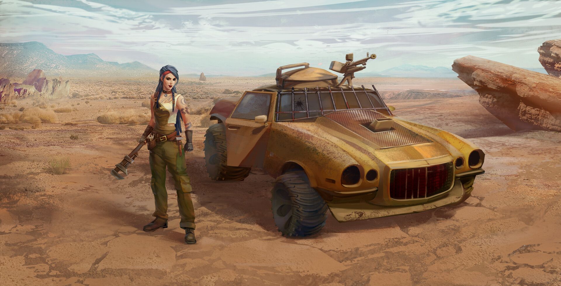 Mechanic and Car in Post-apocalyptic Desert by Tatiana Gaurwen | Scrolller