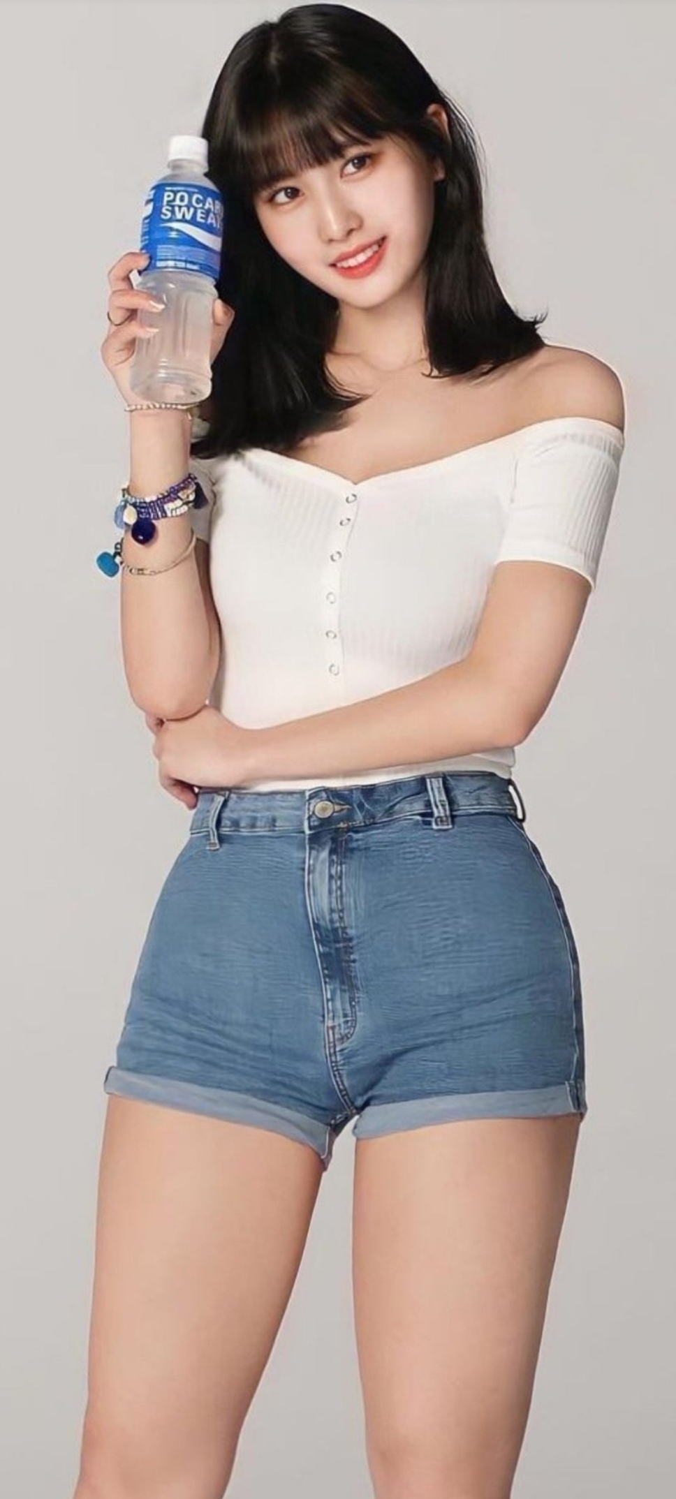 Momo - jean shorts, white top, pocari sweat | Scrolller