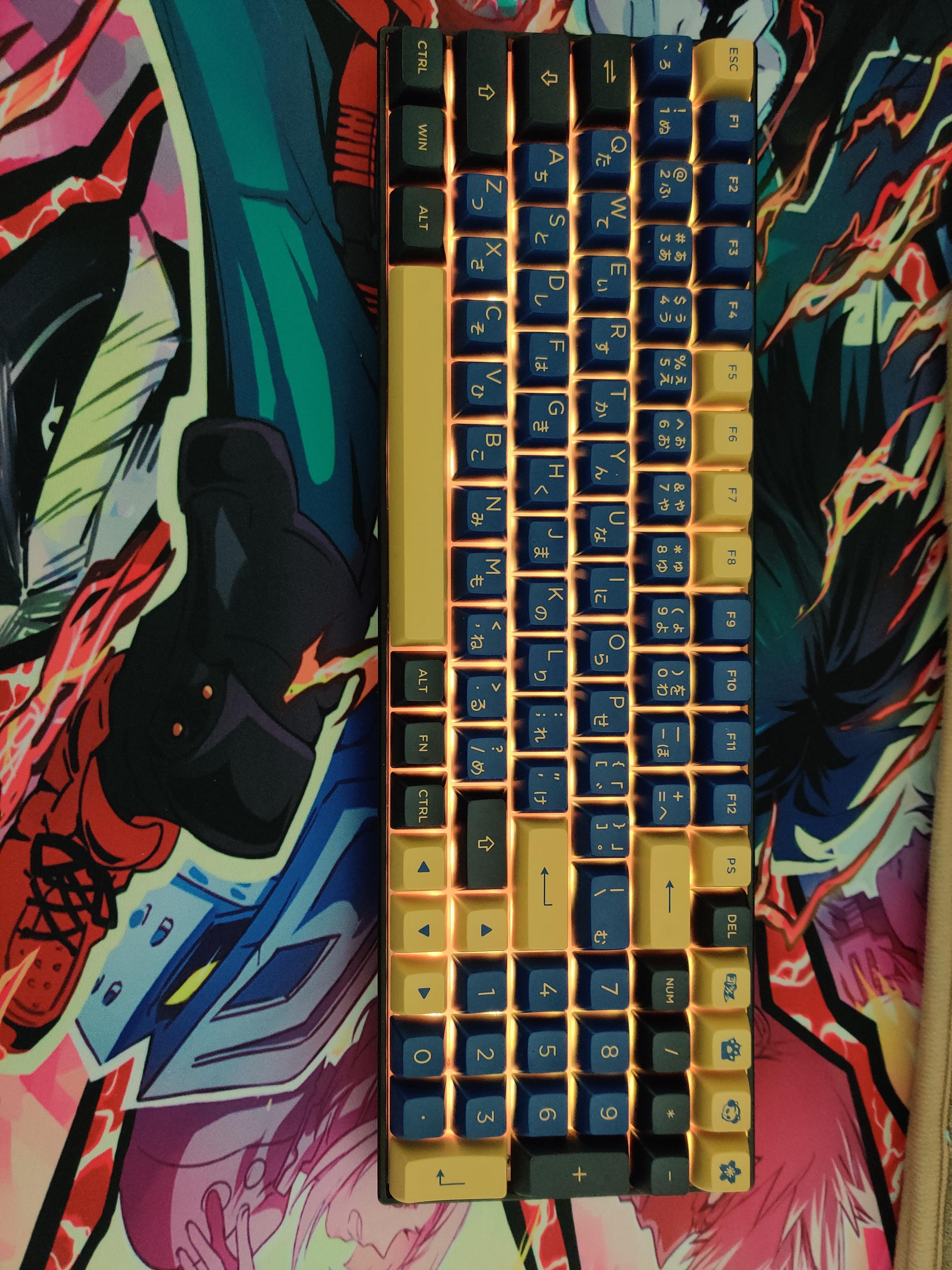 My first custom keyboard. Has Gateron yellow pro switches (pre-lubed) with akko samurai keycaps ...