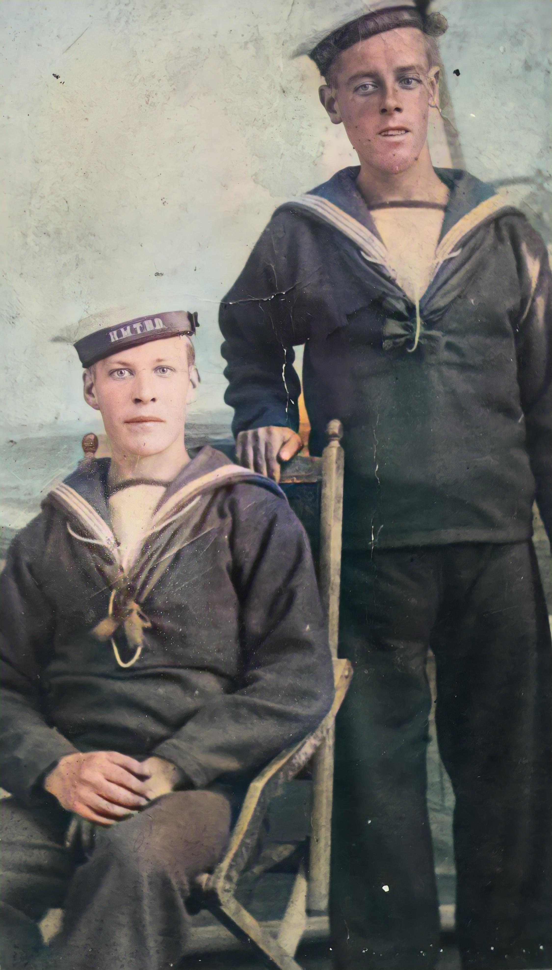 My grandfather (right) and his friend in Royal Navy Reserve in 1918. I added a bit of colour to ...
