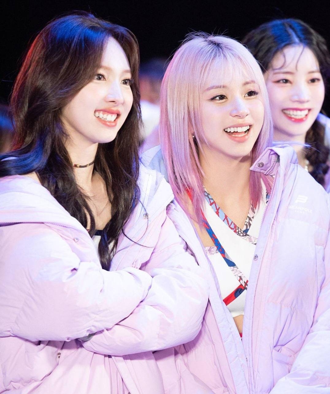 Nayeon, Chaeyoung & Dahyun - pink winter jackets | Scrolller