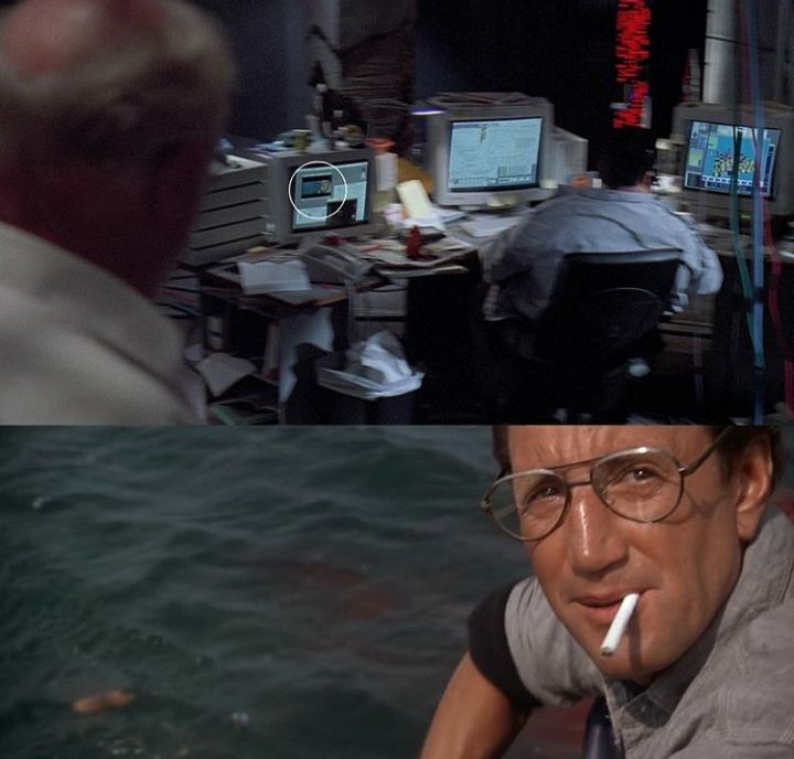 Nedry is watching Jaws on his other computer. | Scrolller