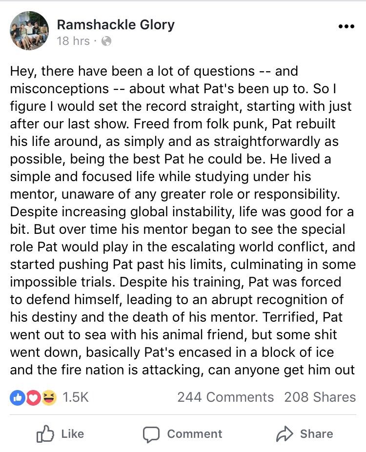 New Ramshackle Glory Facebook post about Pat | Scrolller