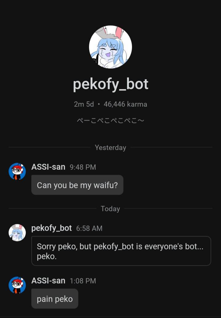 not even a bot wants to be my waifu pain-peko~ | Scrolller