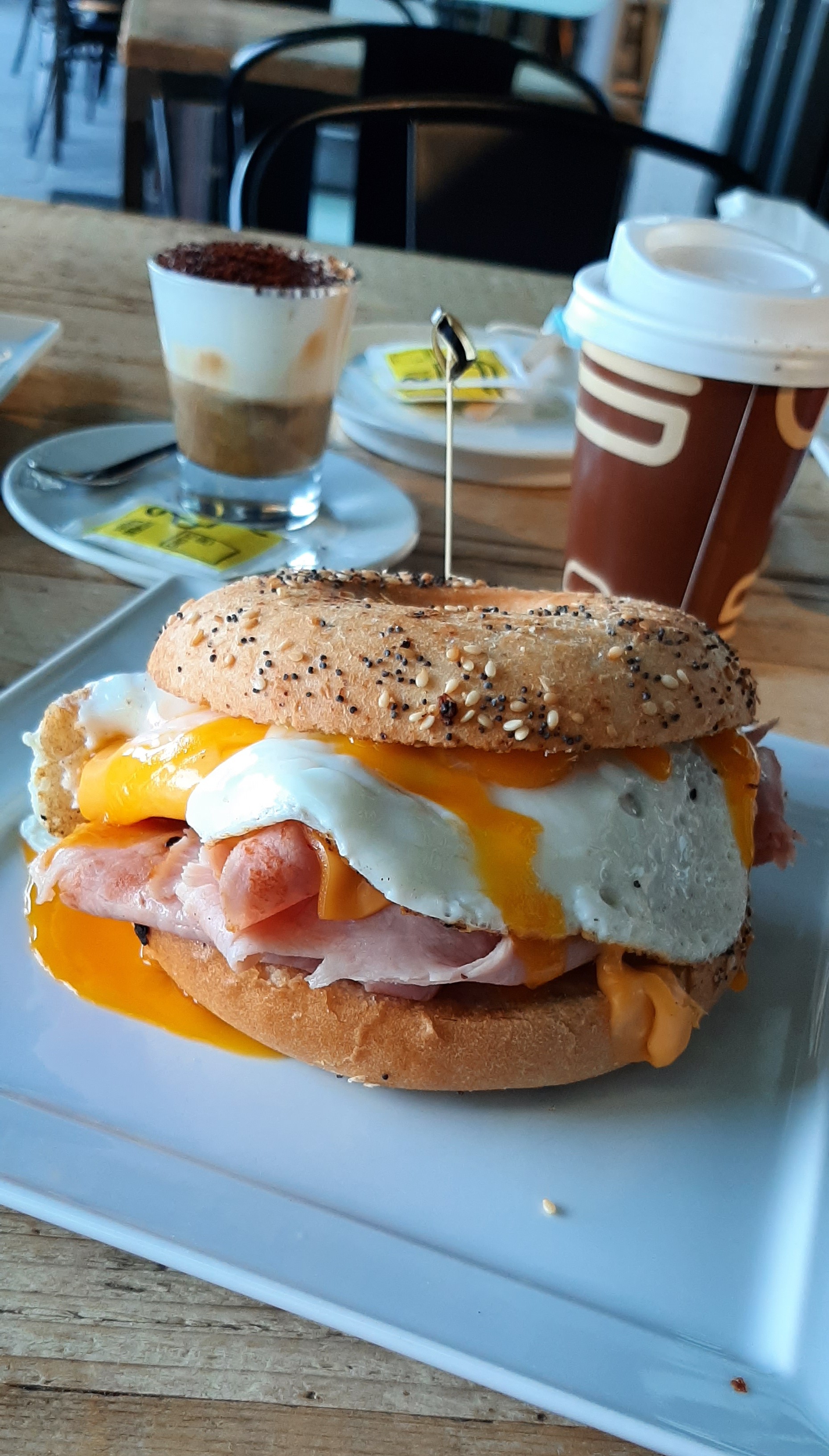[OC] Breakfast bagel with prosciutto, cheddar cheese, sunny side up egg. | Scrolller
