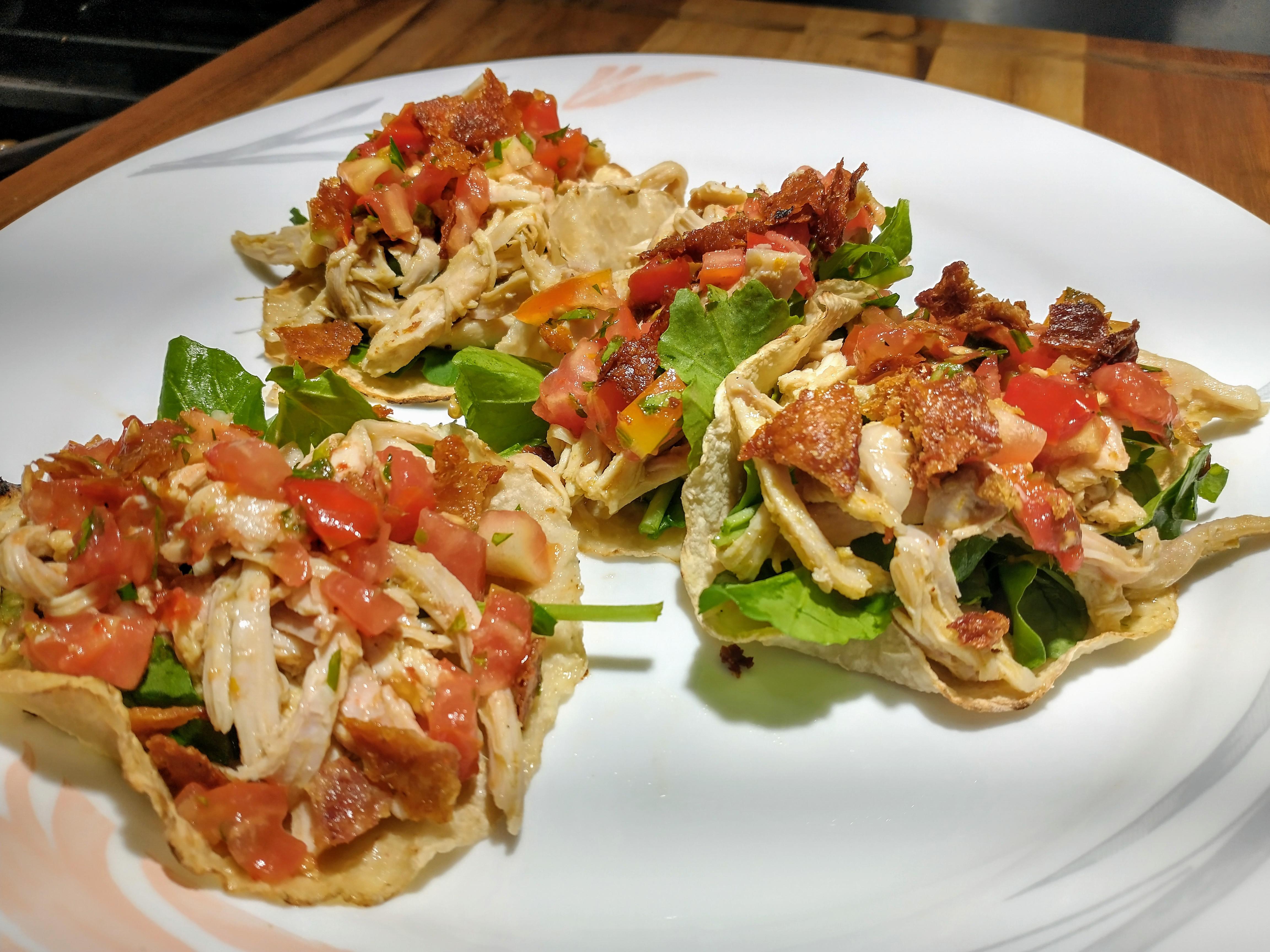 [OC] Shredded Chicken Tacos (Jicama Tortilla) w/ Arugula, Pico de Gallo, and crumbled Chicken ...