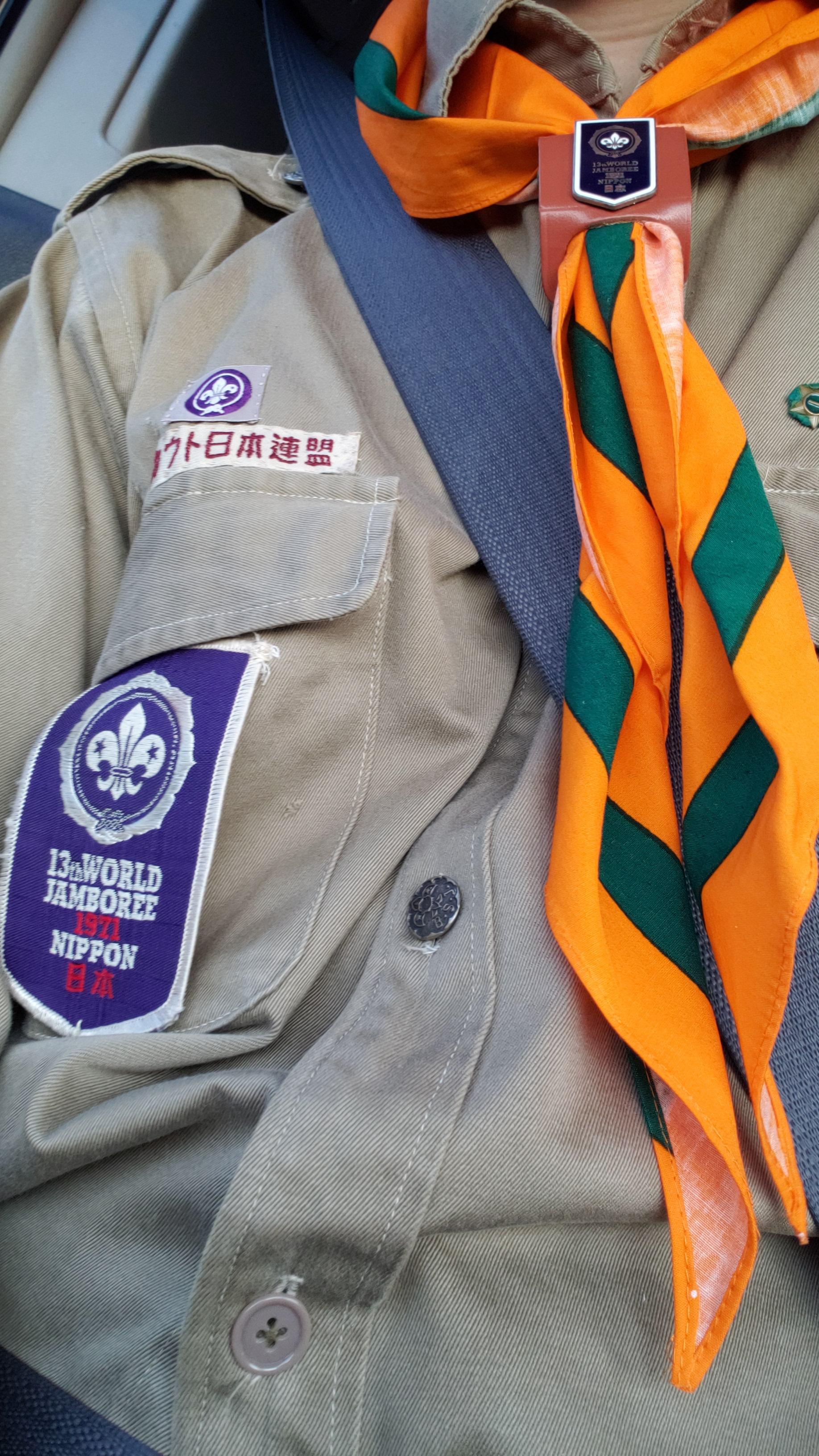 Off to WSJ for the day in a Vintage Japanese Boy Scout uniform traded from the 1971 World Jambo ...
