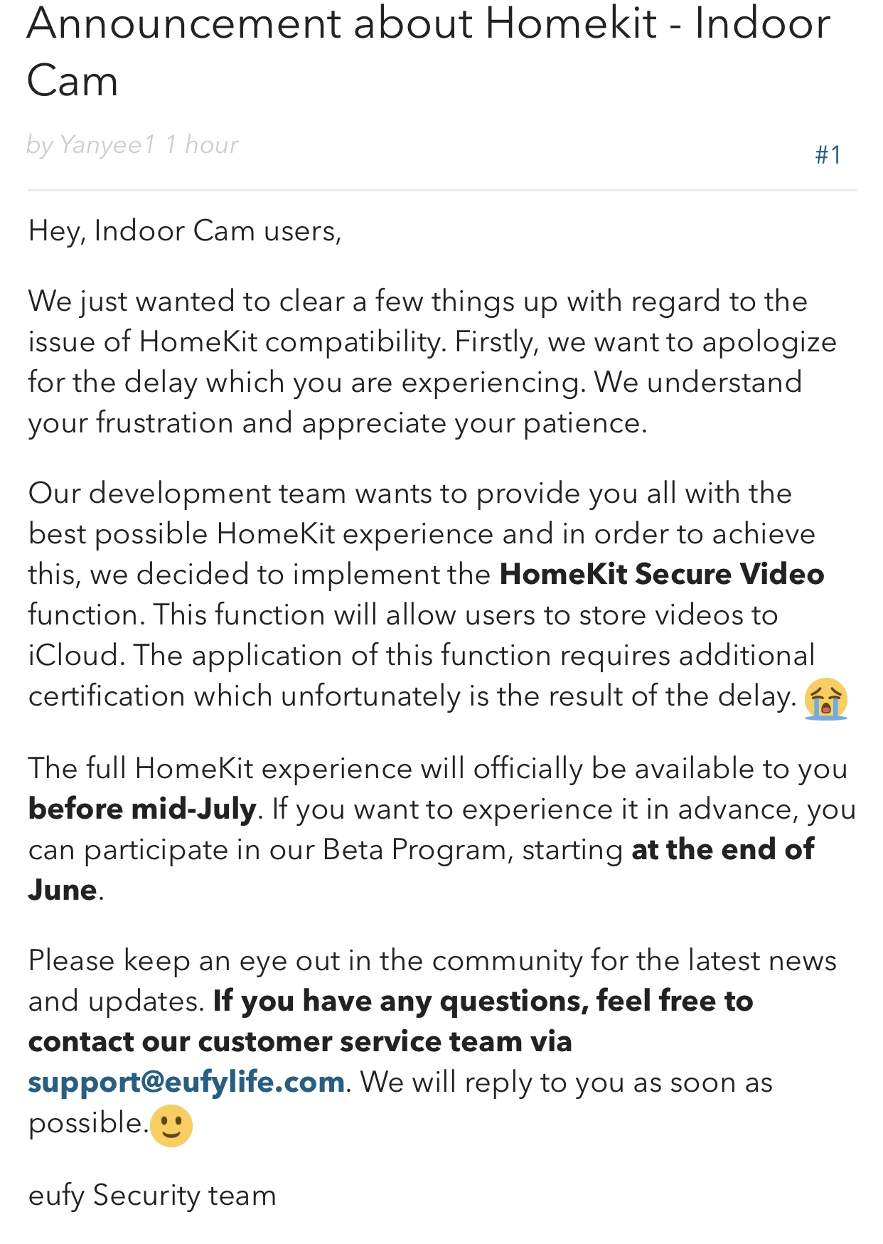Official Eufy statement regarding Homekit for the indoor cams | Scrolller