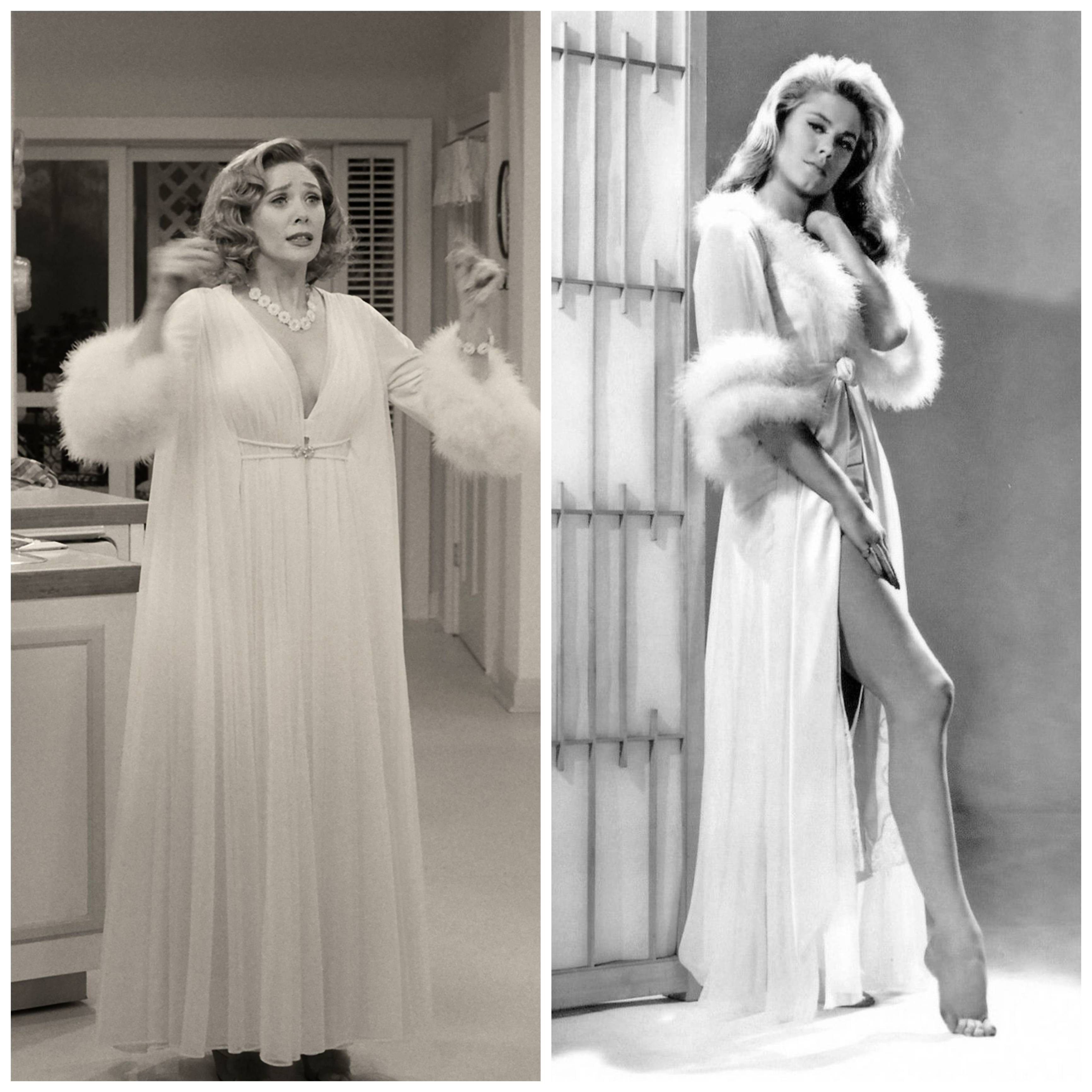 On the left, Elizabeth Olson in WandaVision. On the right, Elizabeth Montgomery, star of ...