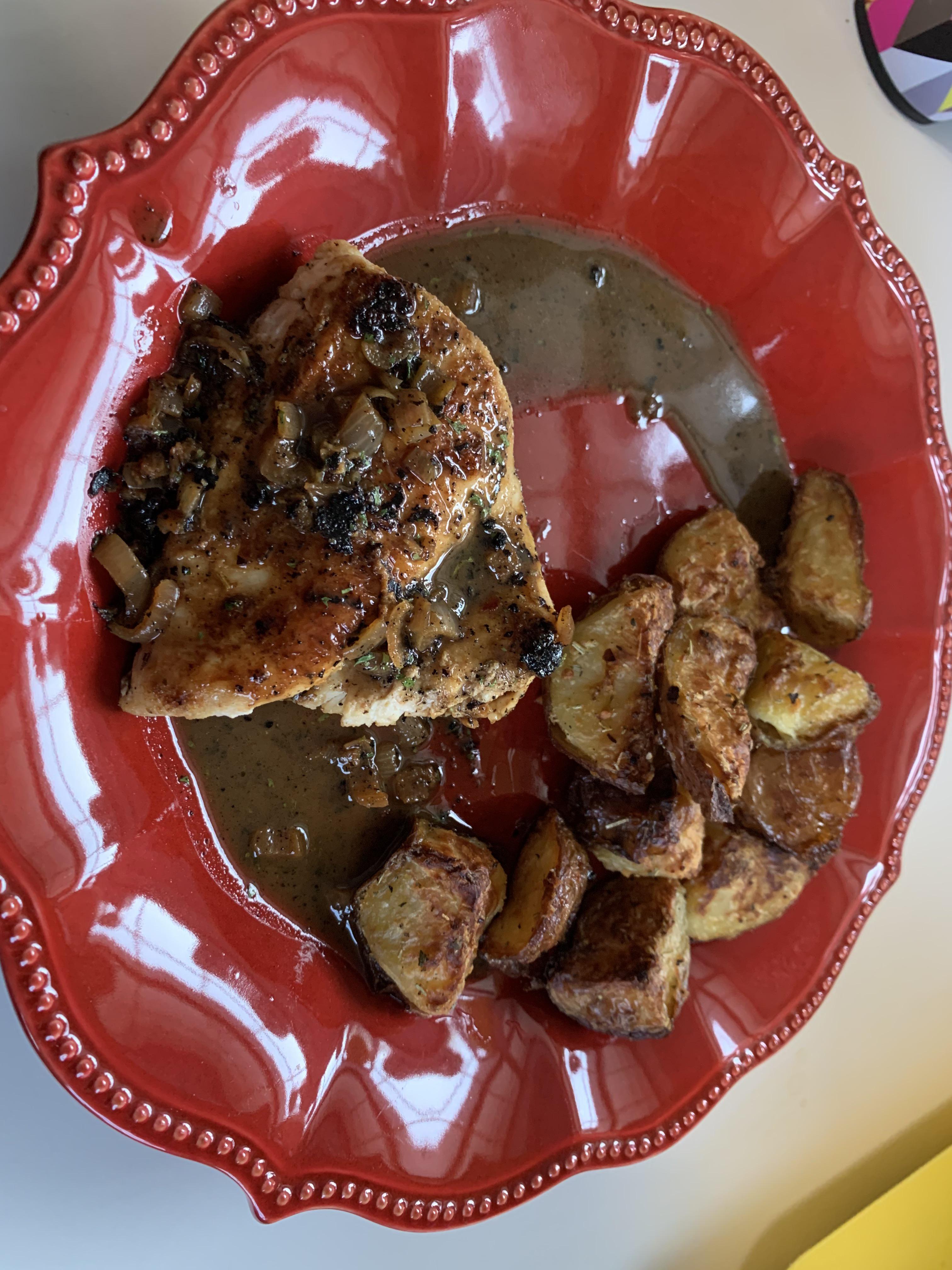 Pan seared chicken with pan sauce & roasted herb potatoes | Scrolller