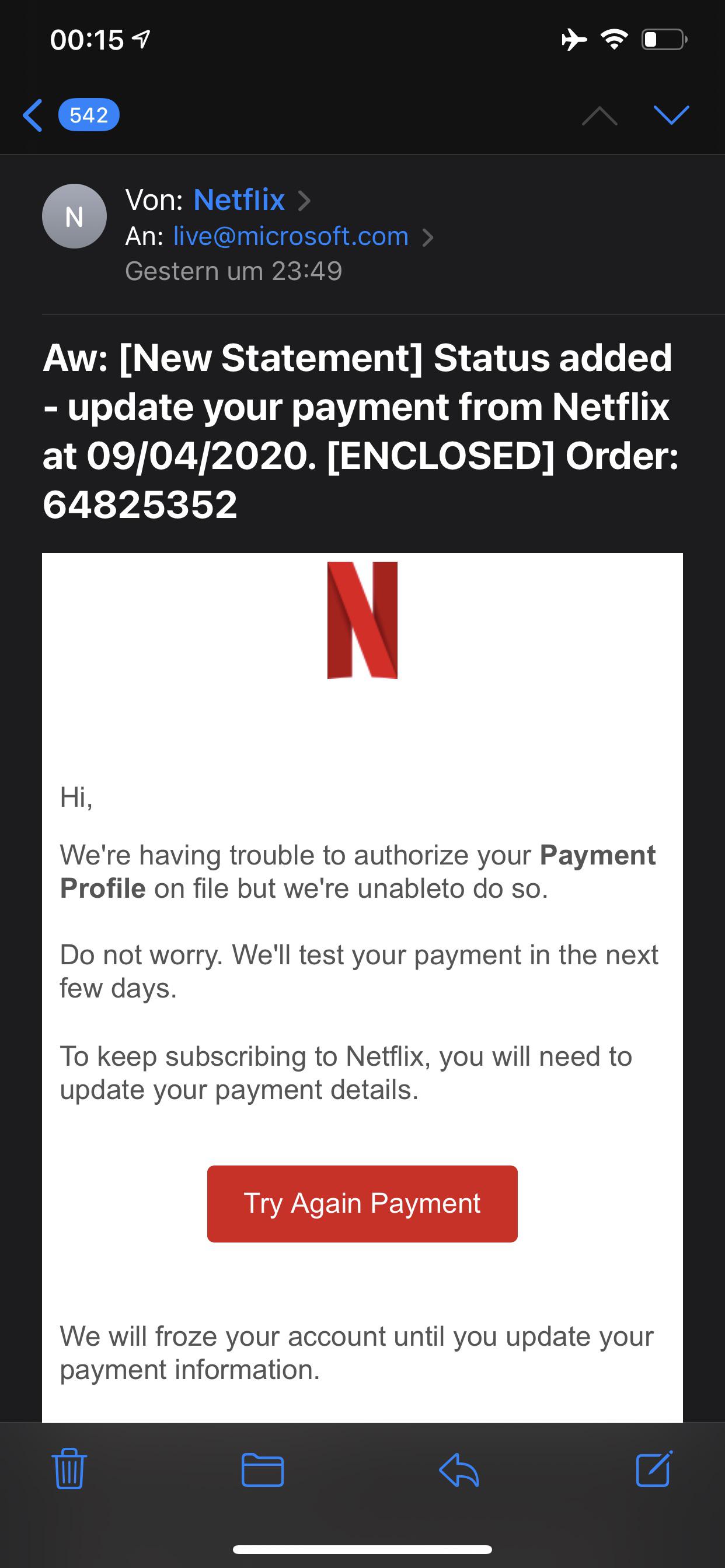 Phishing mail from „Netflix“. Sent to live@microsoft.com. What does that mean? | Scrolller