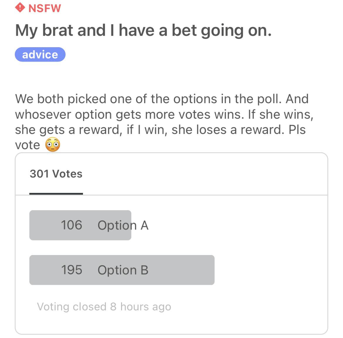 Poll Update: How does it feel that you all contributed to having a fellow brat lose her reward ...