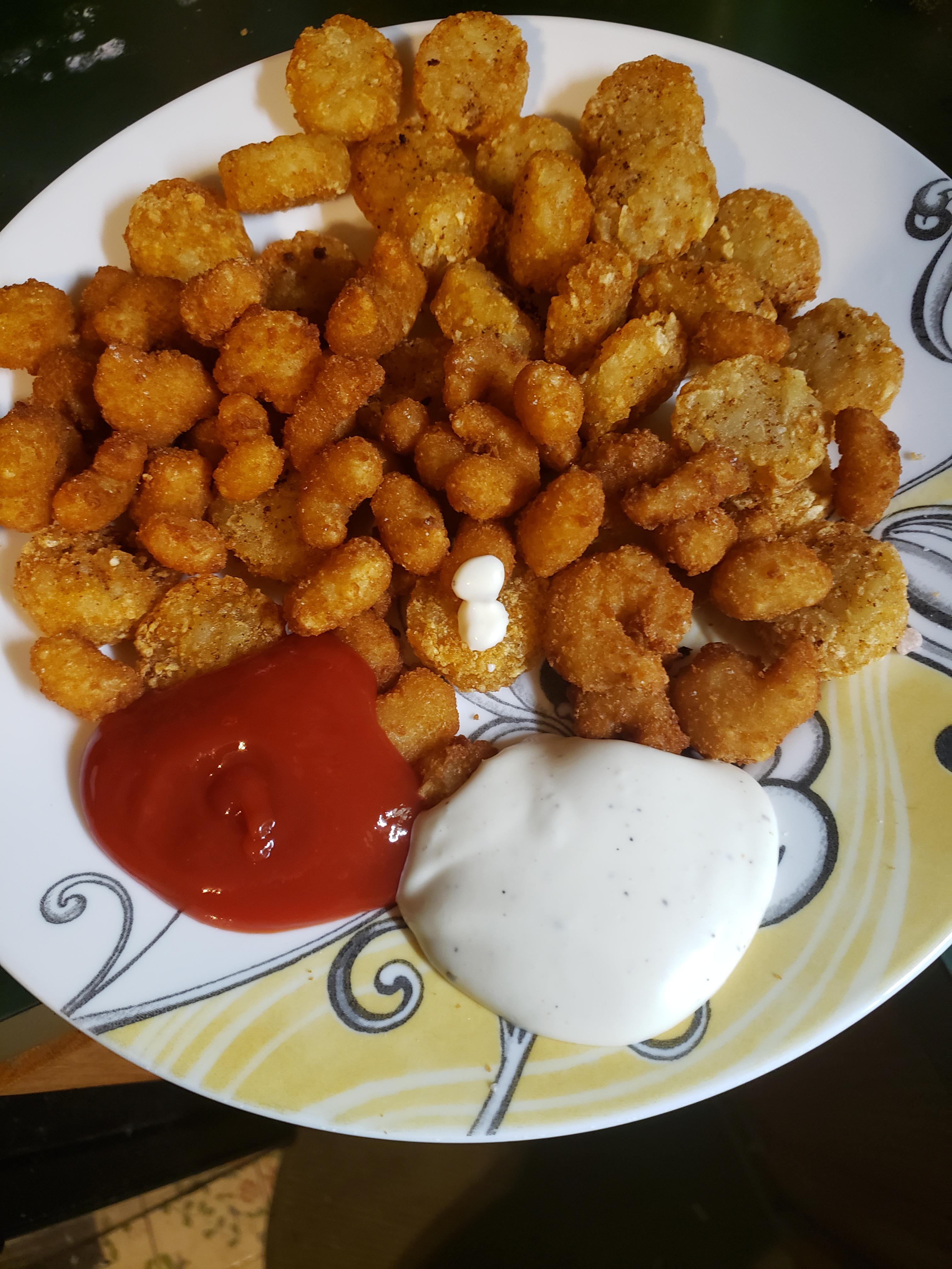 Popcorn shrimp, crispy crowns, ranch, ketchup. Absolutely despicable. | Scrolller