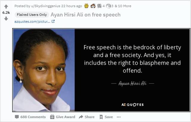 Post something supporting free speech, including the right to offend, bans all non flaired users ...