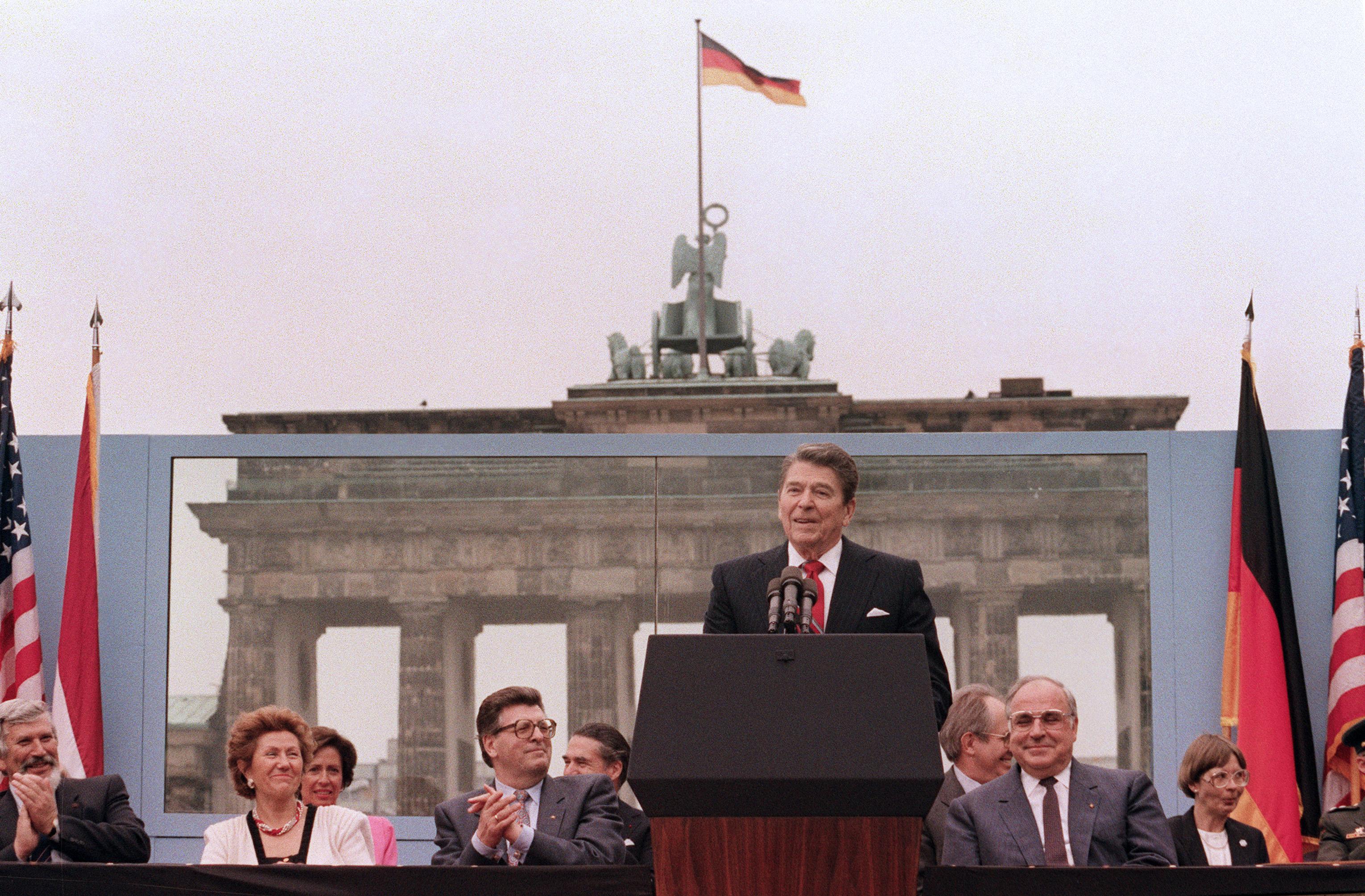President Ronald Reagan makes his famous Berlin Wall speech in West Berlin on June 12, 1987 ...