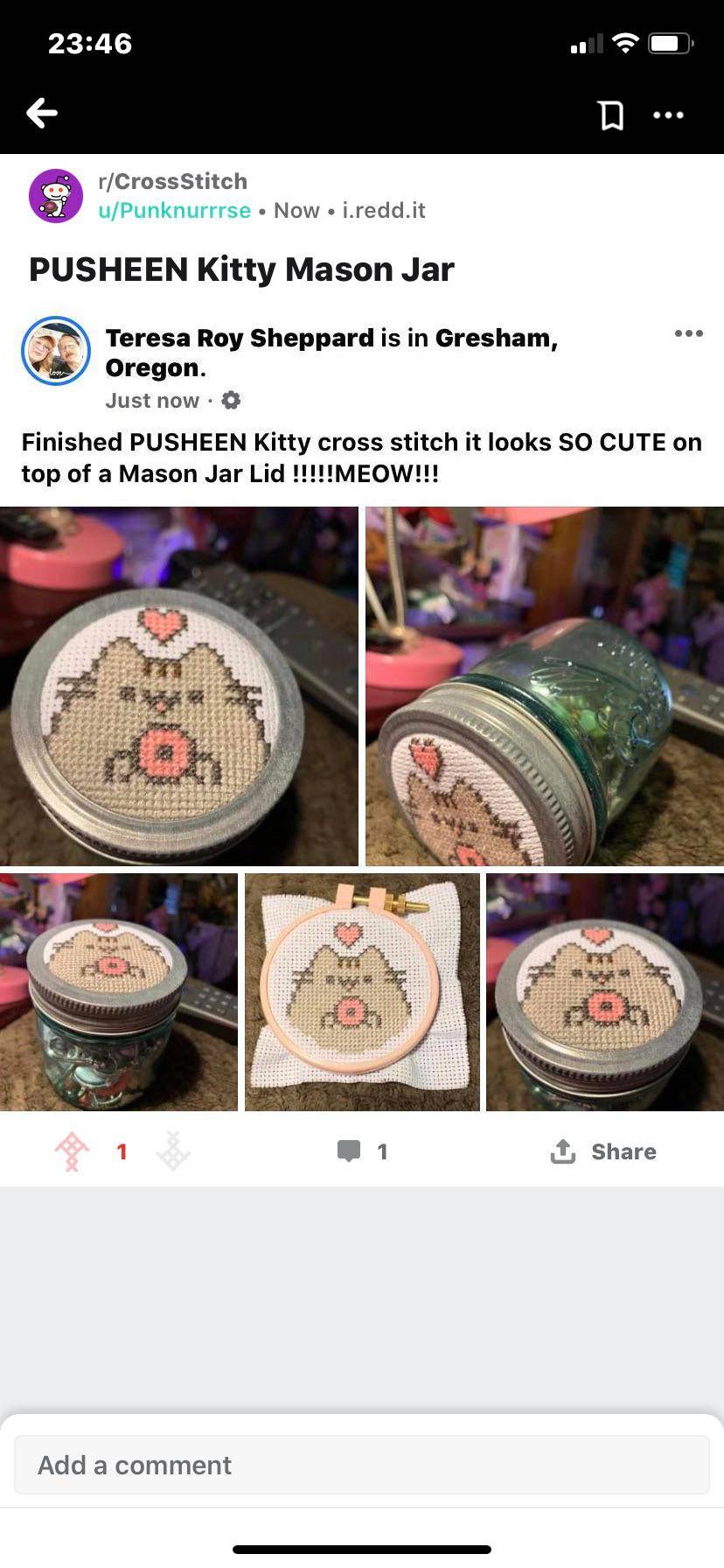 PUSHEEN cross-stitch Mason jar top | Scrolller