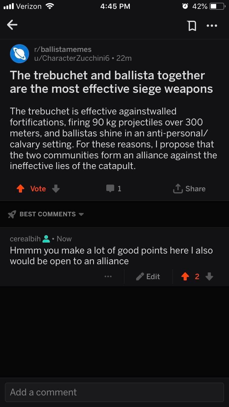 r/ballistamemes is here to propose an alliance being a great combination of siege weapons. Would ...