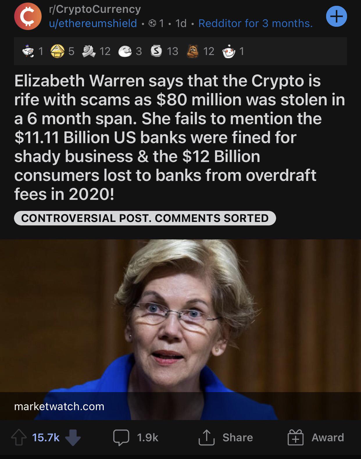 r/CryptoCurrency implies Elizabeth Warren is a shill for banks…. | Scrolller