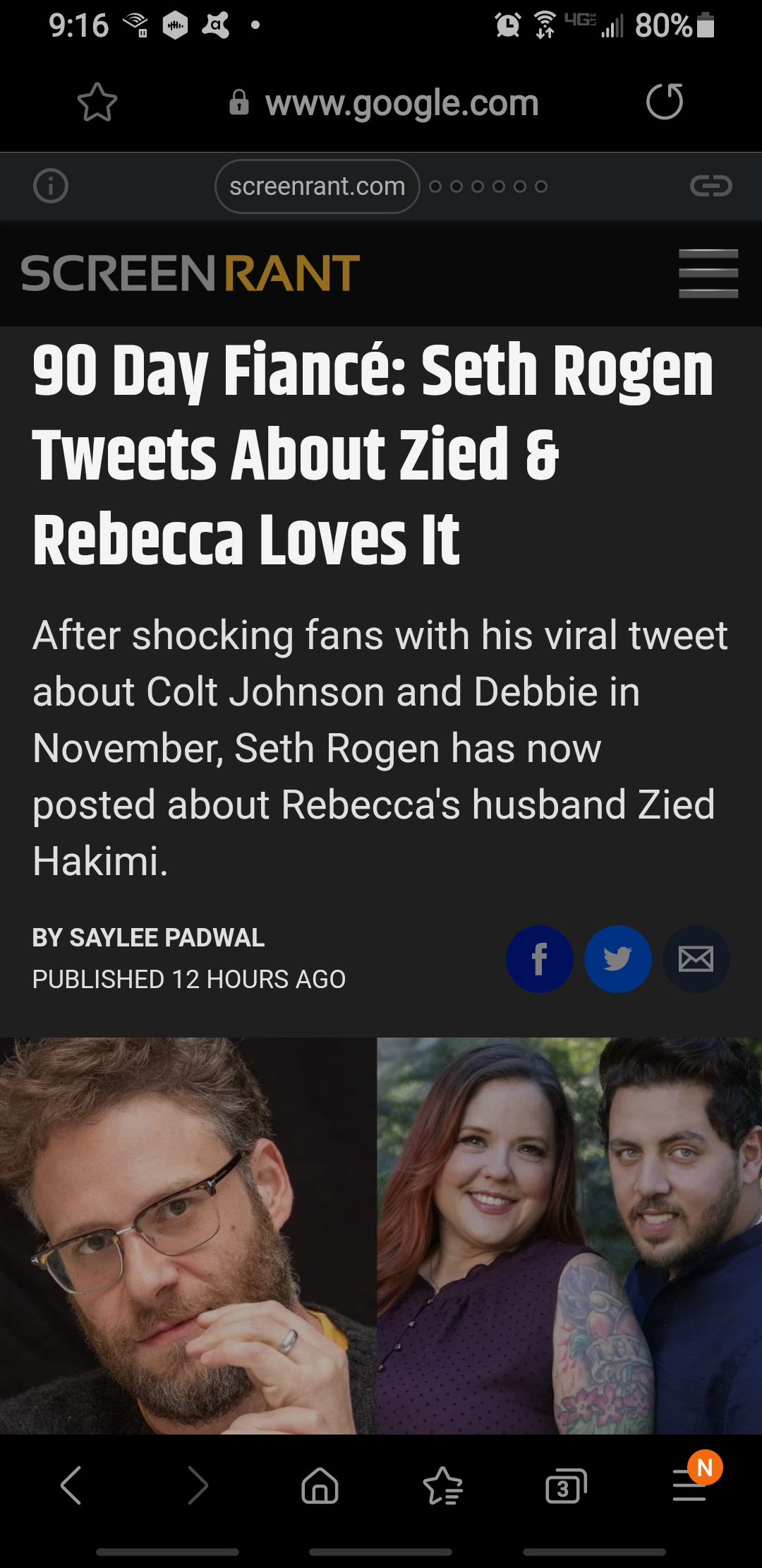 Rebecca "says" she loves Seth Rogan's tweets but I wonder if she's still flipping out on Zied ...