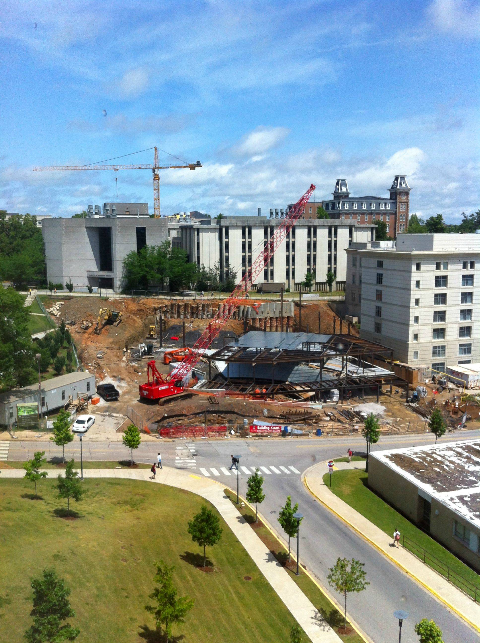 Red crane: new auditorium. Yellow crane: Architecture building addition [OC] [Fayetteville ...