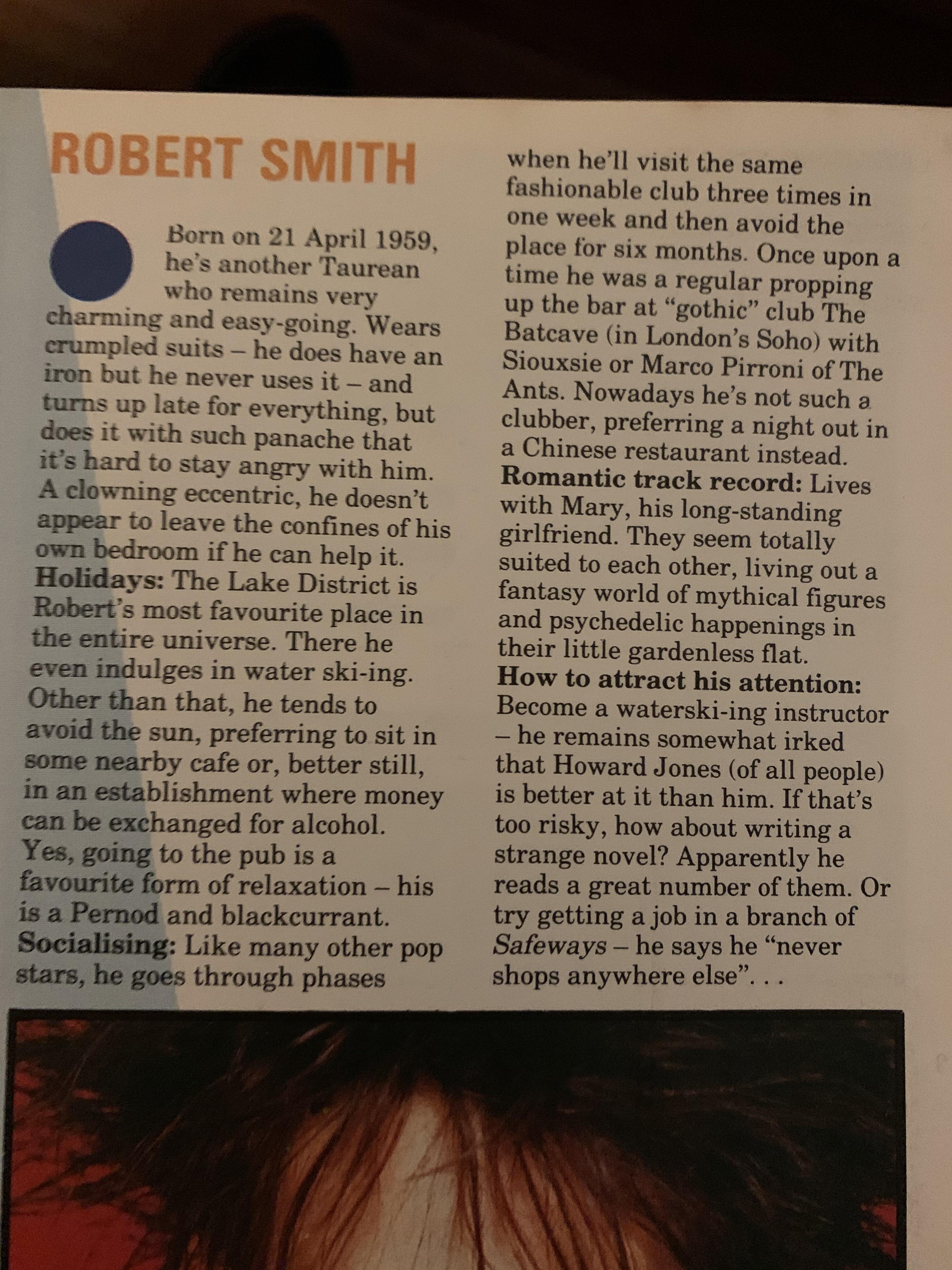 Robert Smith in Water-skiing news, circa 1986 Smash Hits Annual. | Scrolller