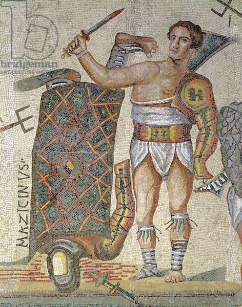 Roman mosaic showing victorious gladiator. Object dated to the 4th century CE. [472x600] | Scrolller