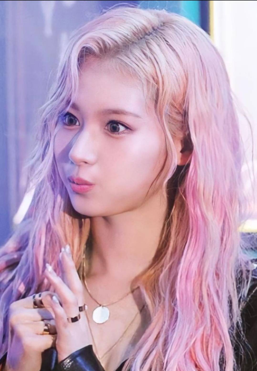 Sana - pink hair, light eyes, close up | Scrolller