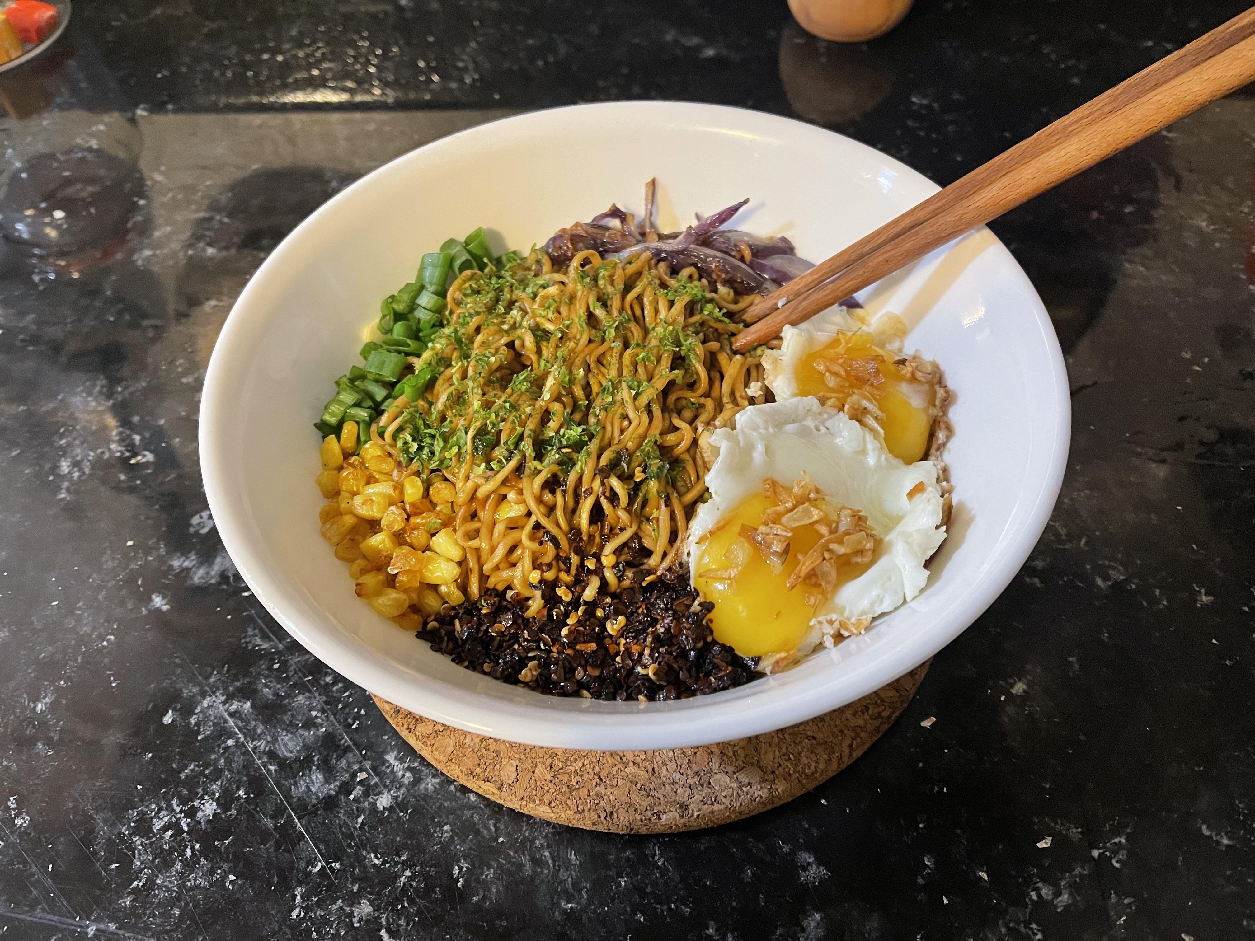 Sapporo Ichiban - Chow Mein (w/ green onion, sautéed red onion, pan roasted sweet corn, chili ...