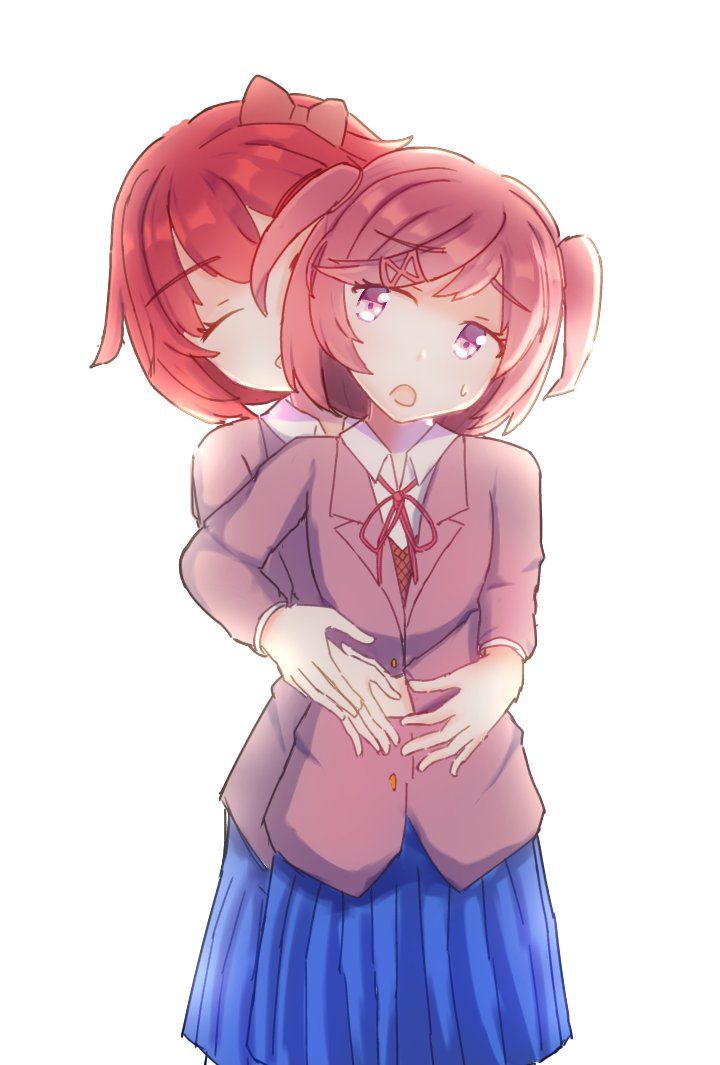 Sayori is giving Natsuki a big hug~! Natsuki is surprised... 💙 💗 (by @Leguma_ on Twitter ...