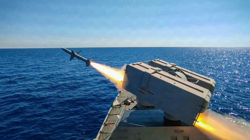 "Sea Sparrow" missile launch from "S" type frigate of the Hellenic Navy. Notice the 3 "kills ...