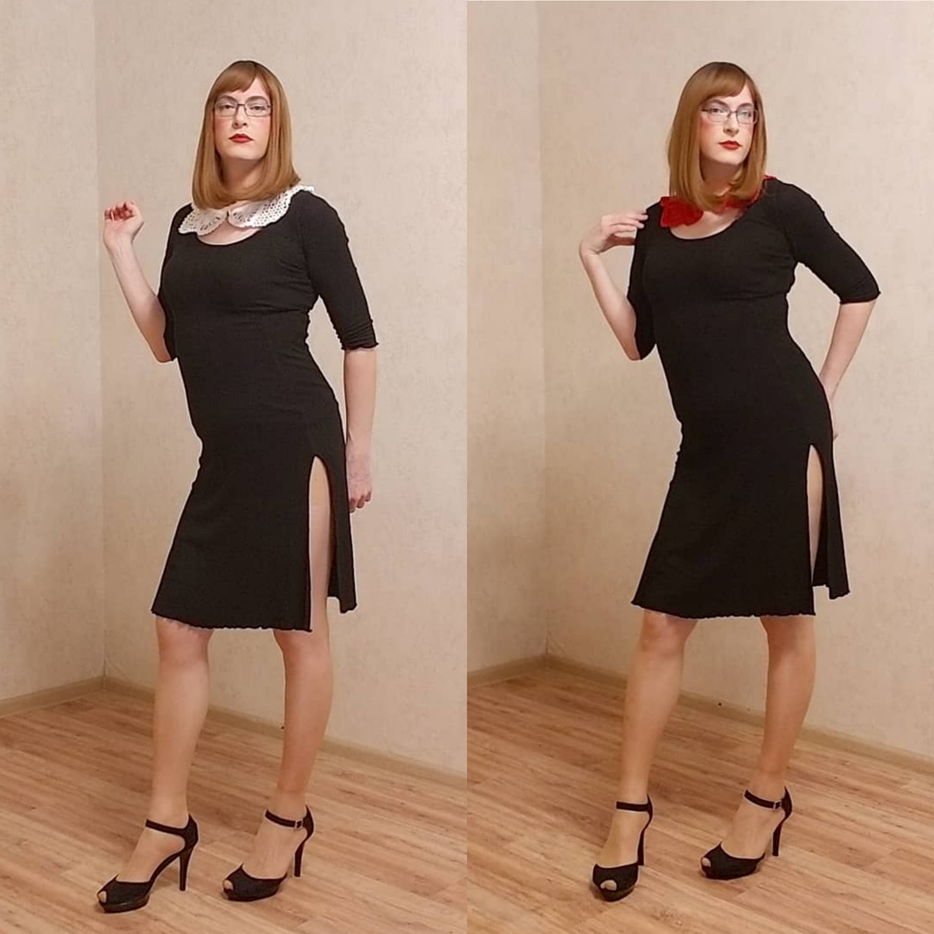 Side slit little black dress. Knitted collar. Platform High-Heels ankle strap shoes. 40 denier ...