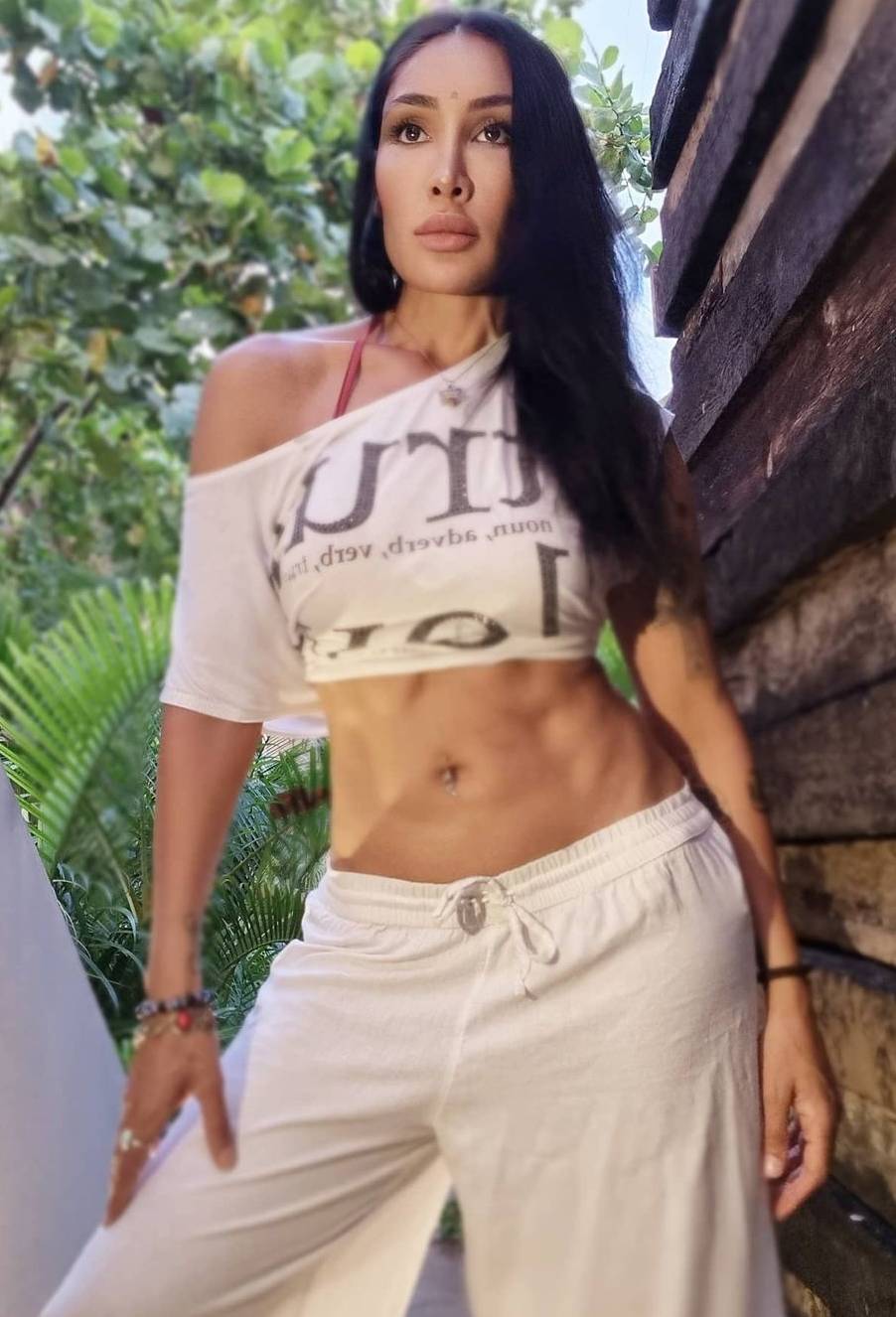 Sofia Hayat navel in white off shoulder top and pant | Scrolller