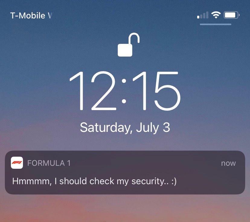 Someone hacked the F1 app and keeps sending dumb notifications, first one was “foo” common to ...