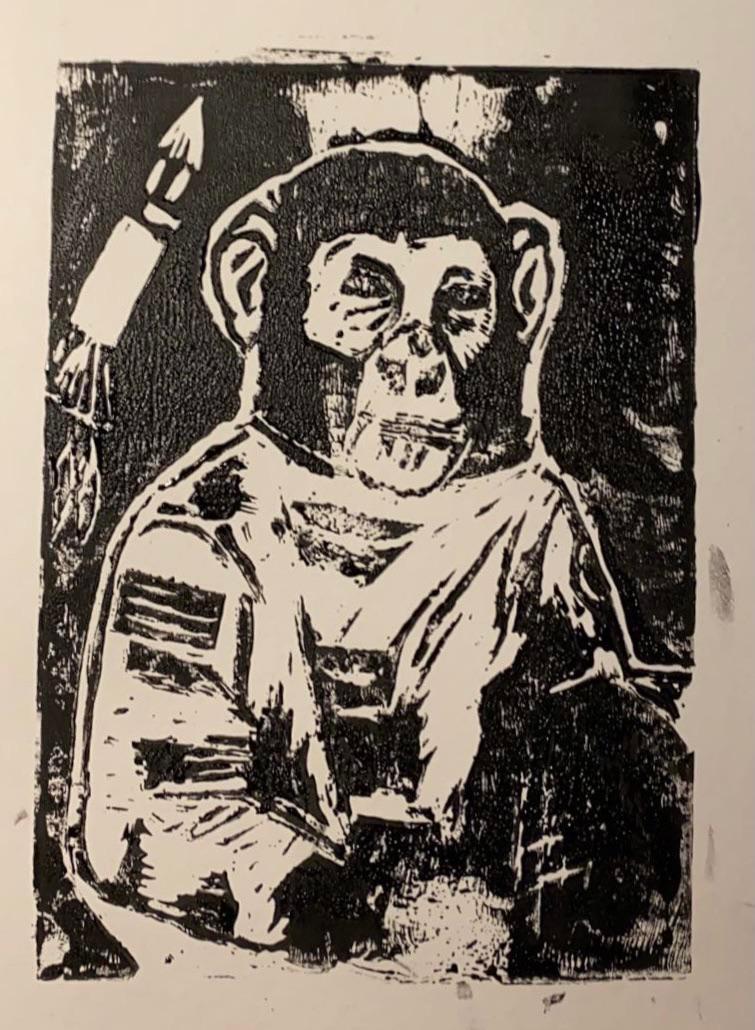 Space Monkey, myself, Lino Print, 2021 | Scrolller