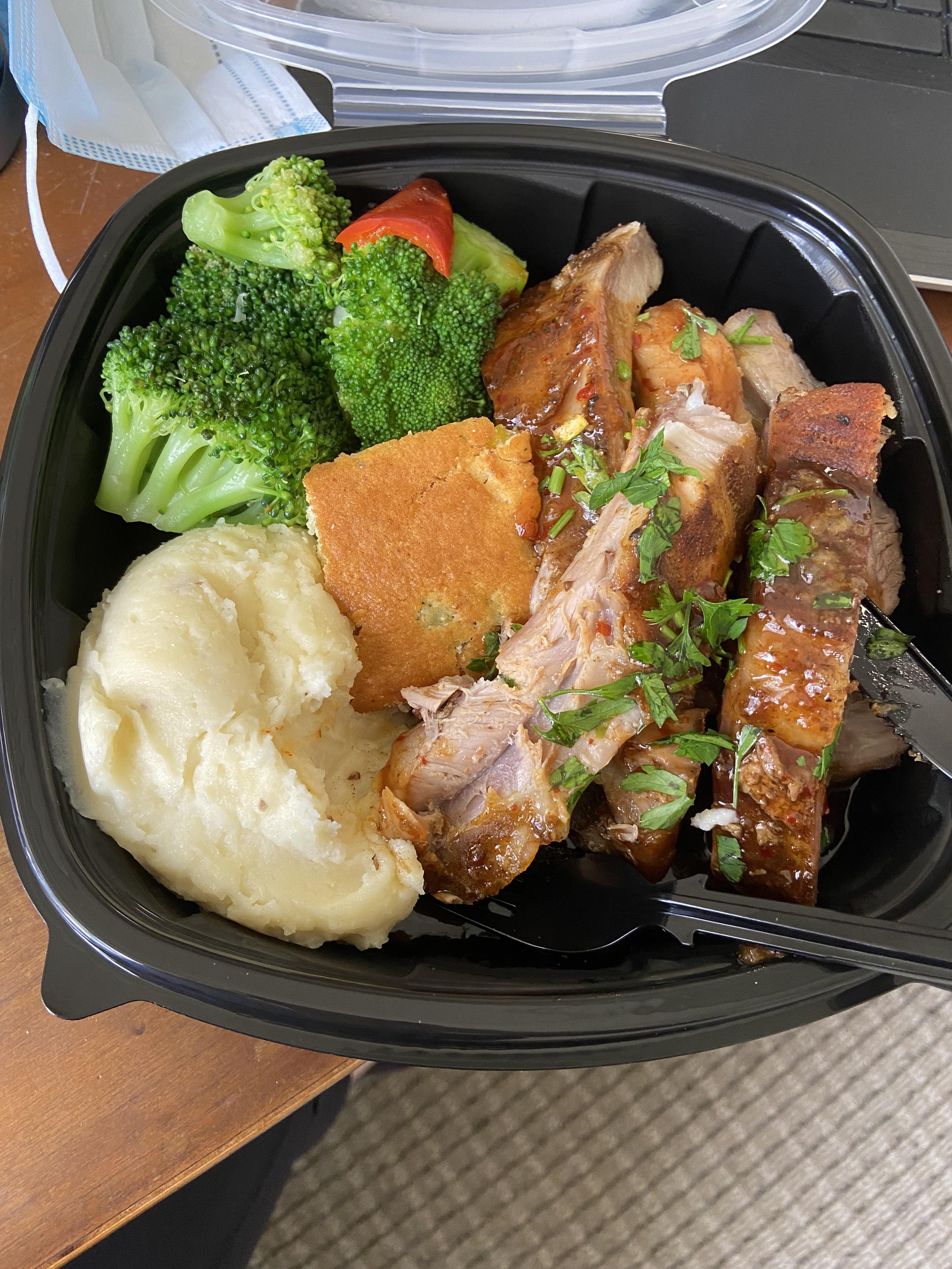 Spicy mango glazed ribs with mashers, cornbread, and broccoli | Scrolller