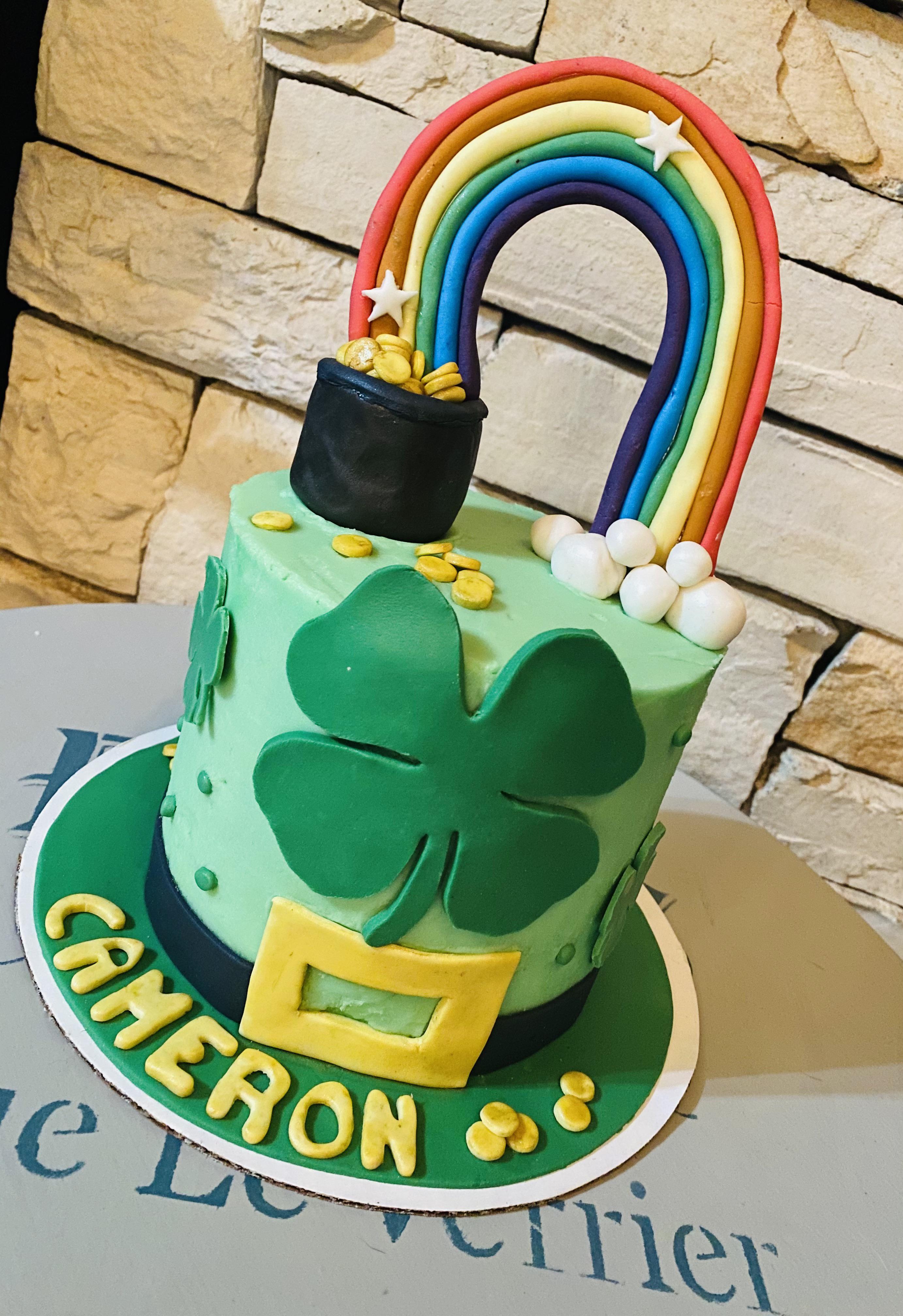 St Patrick’s Day cake, moist chocolate cake covered and layered with mint buttercream. Decorated ...