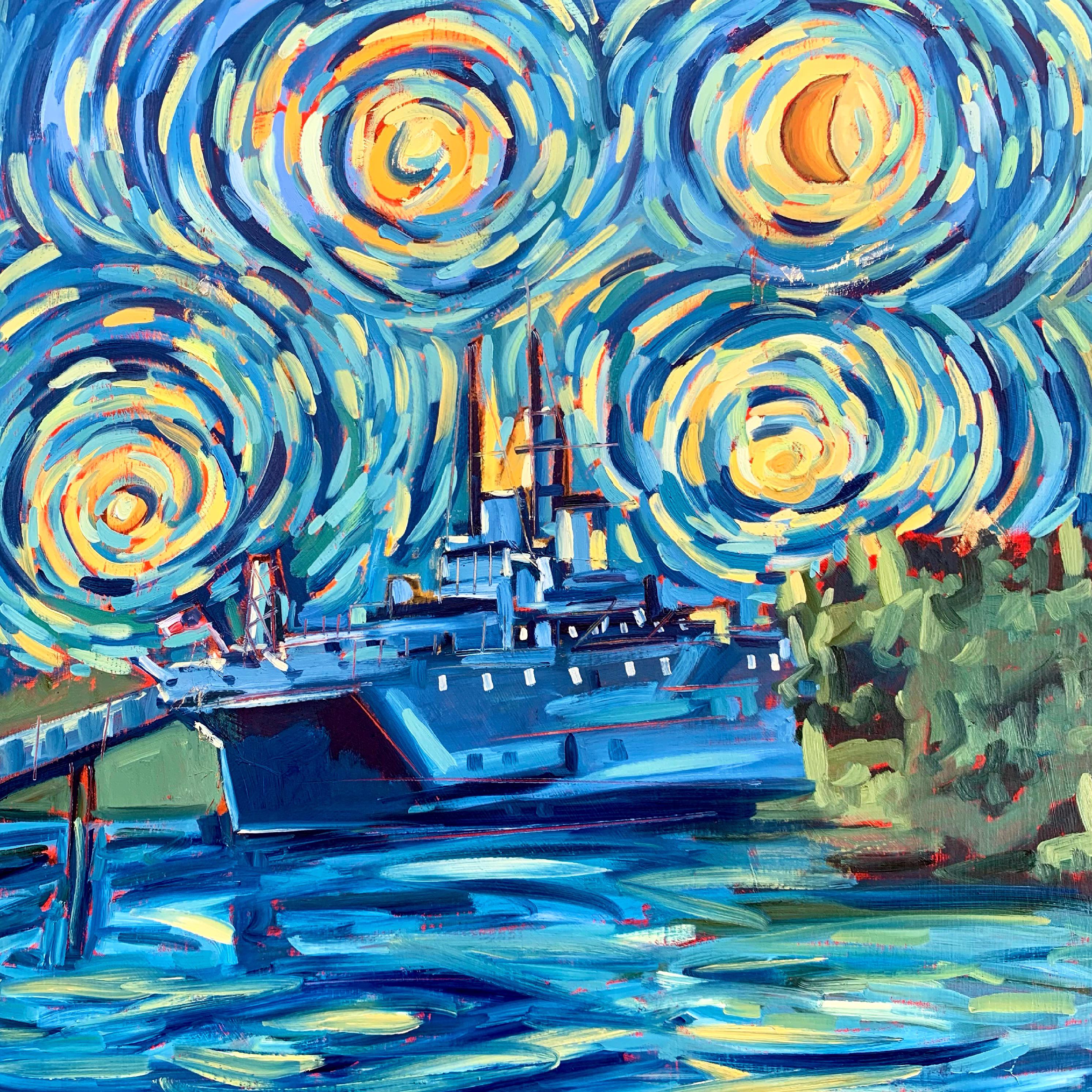 “Starry Night Battleship NC” 16”x16” oil and gold leaf on wood panel | Scrolller