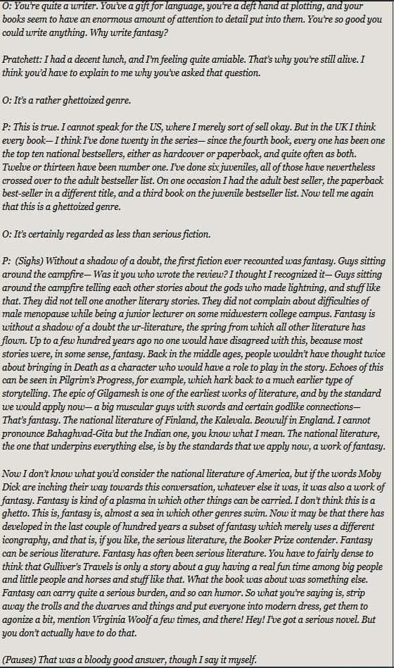 Terry Pratchett calmly, politely and methodically takes apart the "Fantasy isn't *proper ...