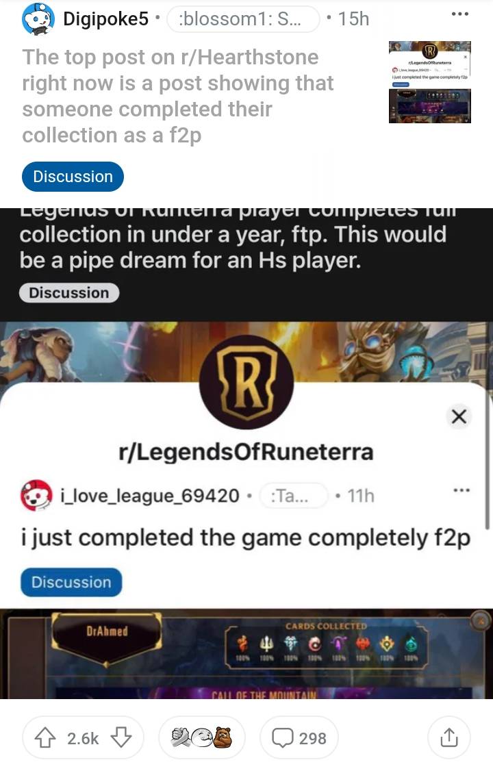 The top post on r/legendsofruneterra right now is a post showing the top post on r/hearthstone ...