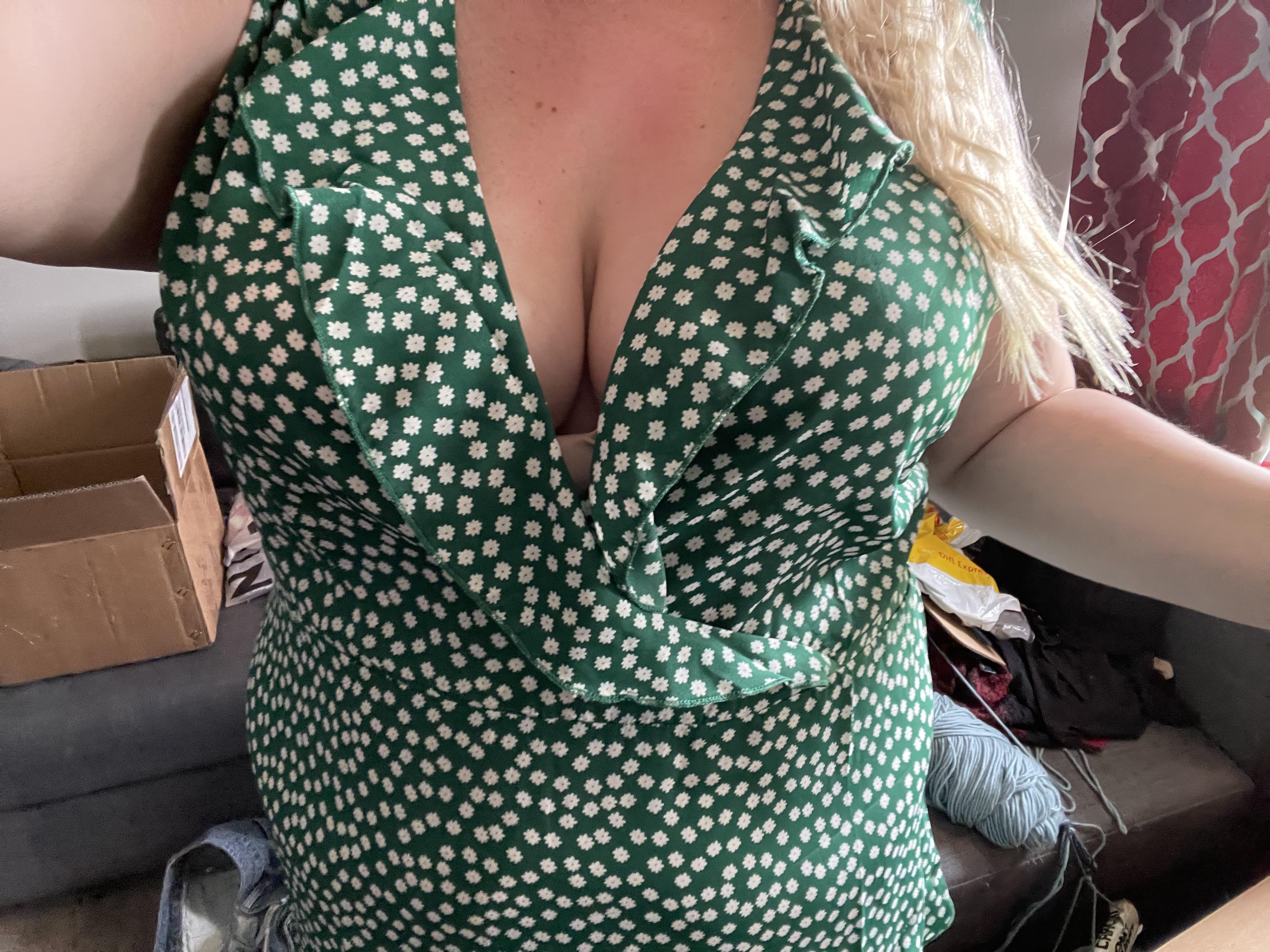 This dress may be a little TOO low cut. | Scrolller