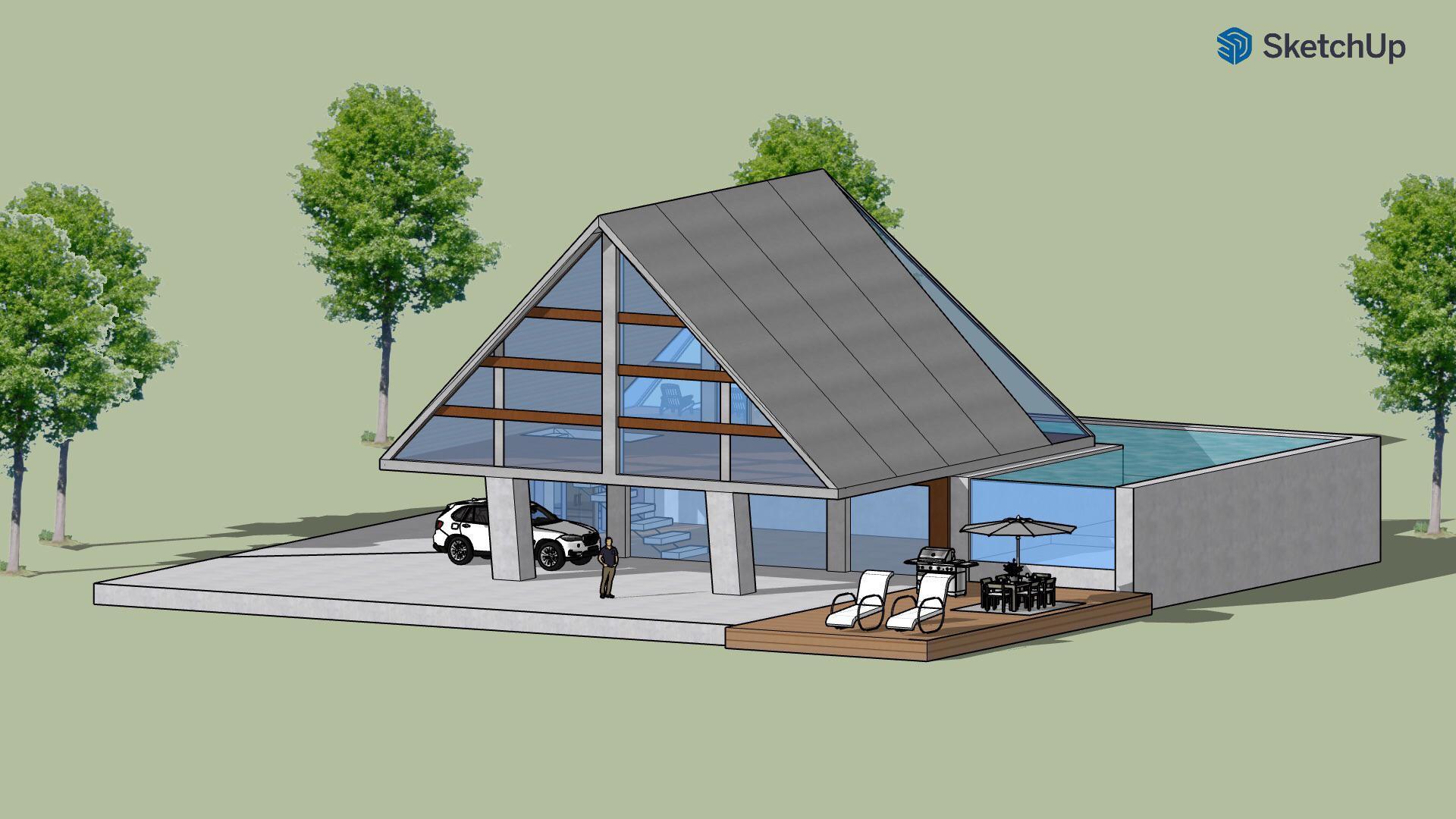 This is my first SketchUp model. It is an A Frame house with a wrap around pool. Any thoughts on ...
