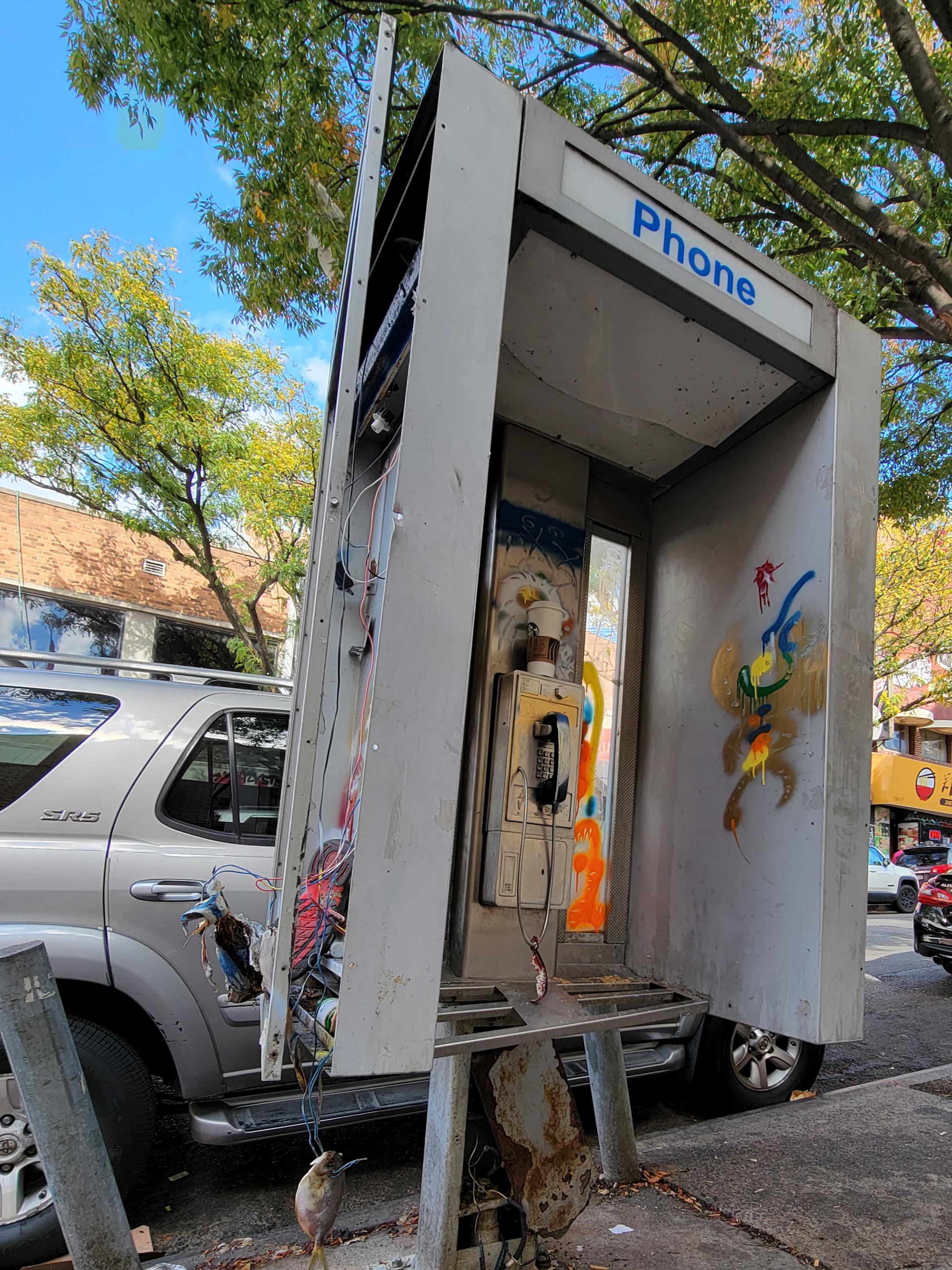 this nasty phone booth with spay painted fish hanging from it | Scrolller