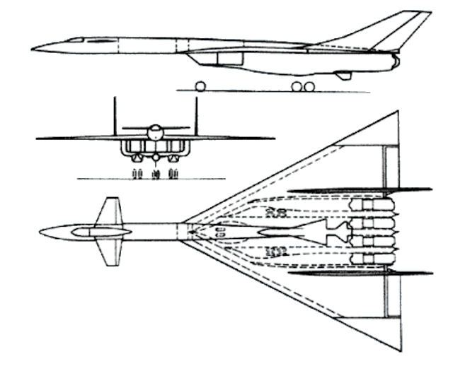 Three-view drawing of the Tupolev '135' strategic bomber/cruise missile carrier project. From ...
